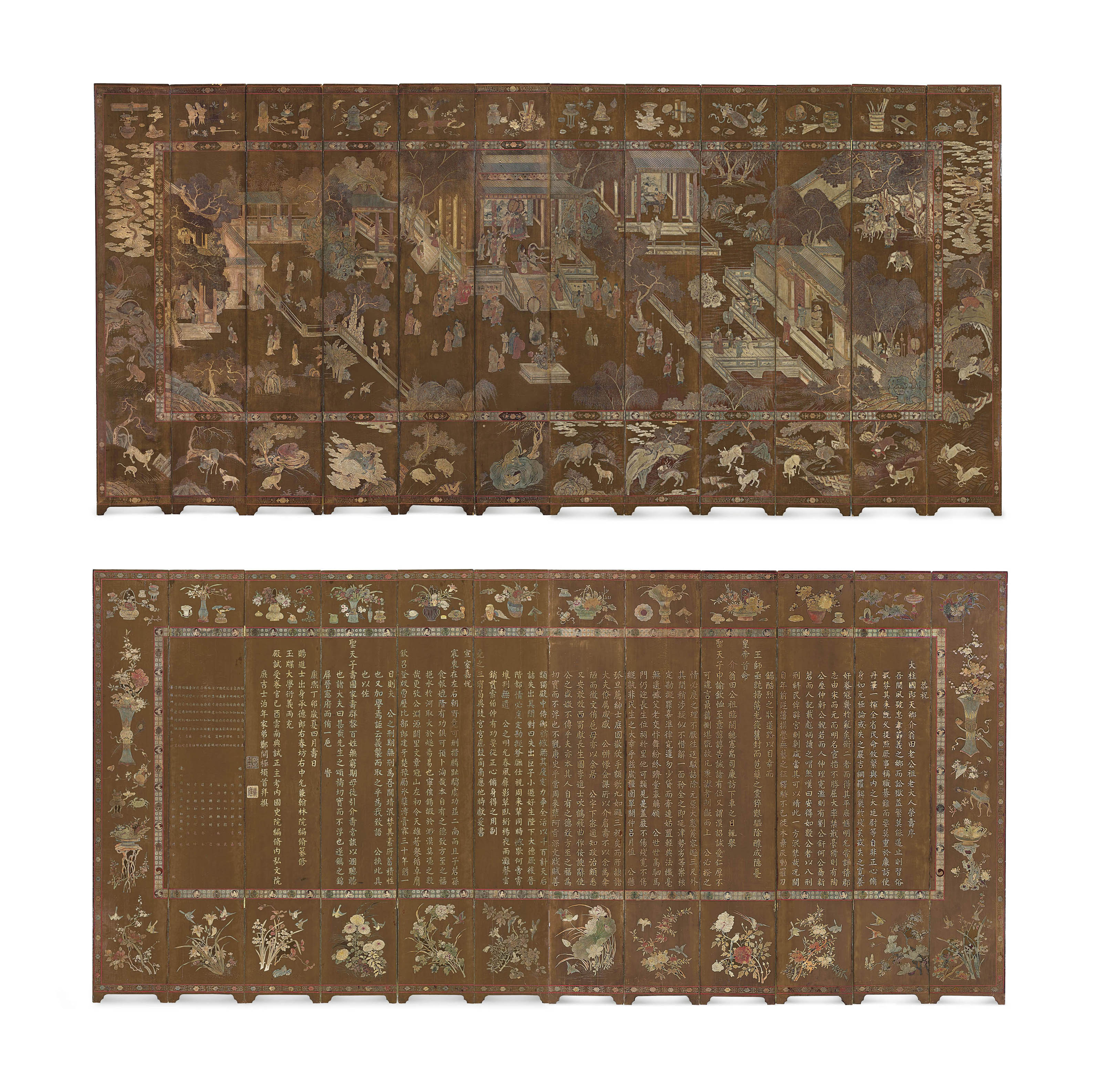 AN IMPORTANT DOCUMENTARY TWELVE-PANEL COROMANDEL LACQUER SCREEN