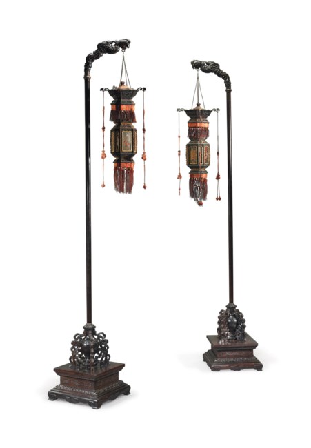 A MAGNIFICENT AND VERY RARE PAIR OF LARGE IMPERIAL ZITAN LANTERN STANDS ...