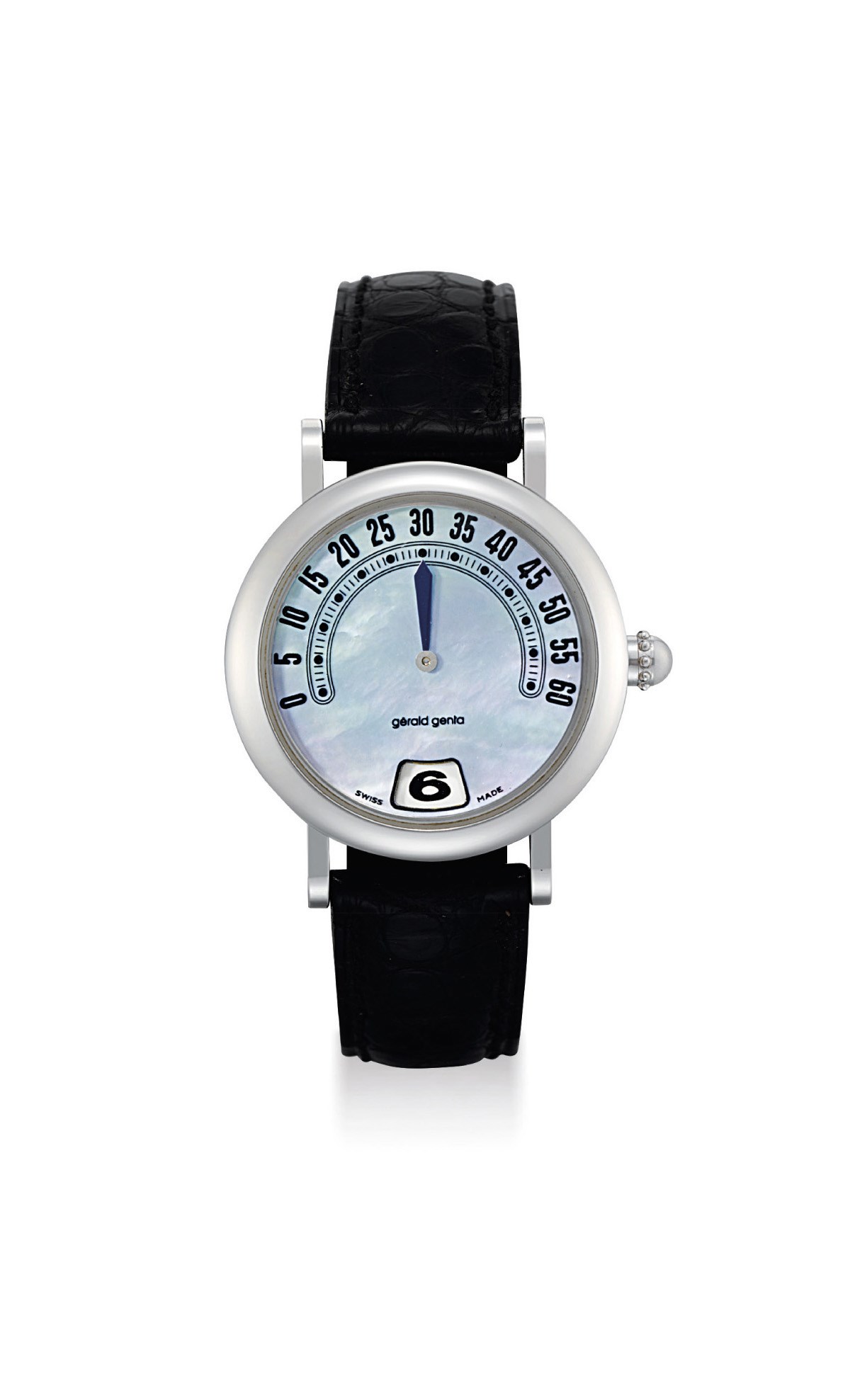 GERALD GENTA. AN 18K WHITE GOLD JUMP HOUR WRISTWATCH WITH MOTHER-OF ...