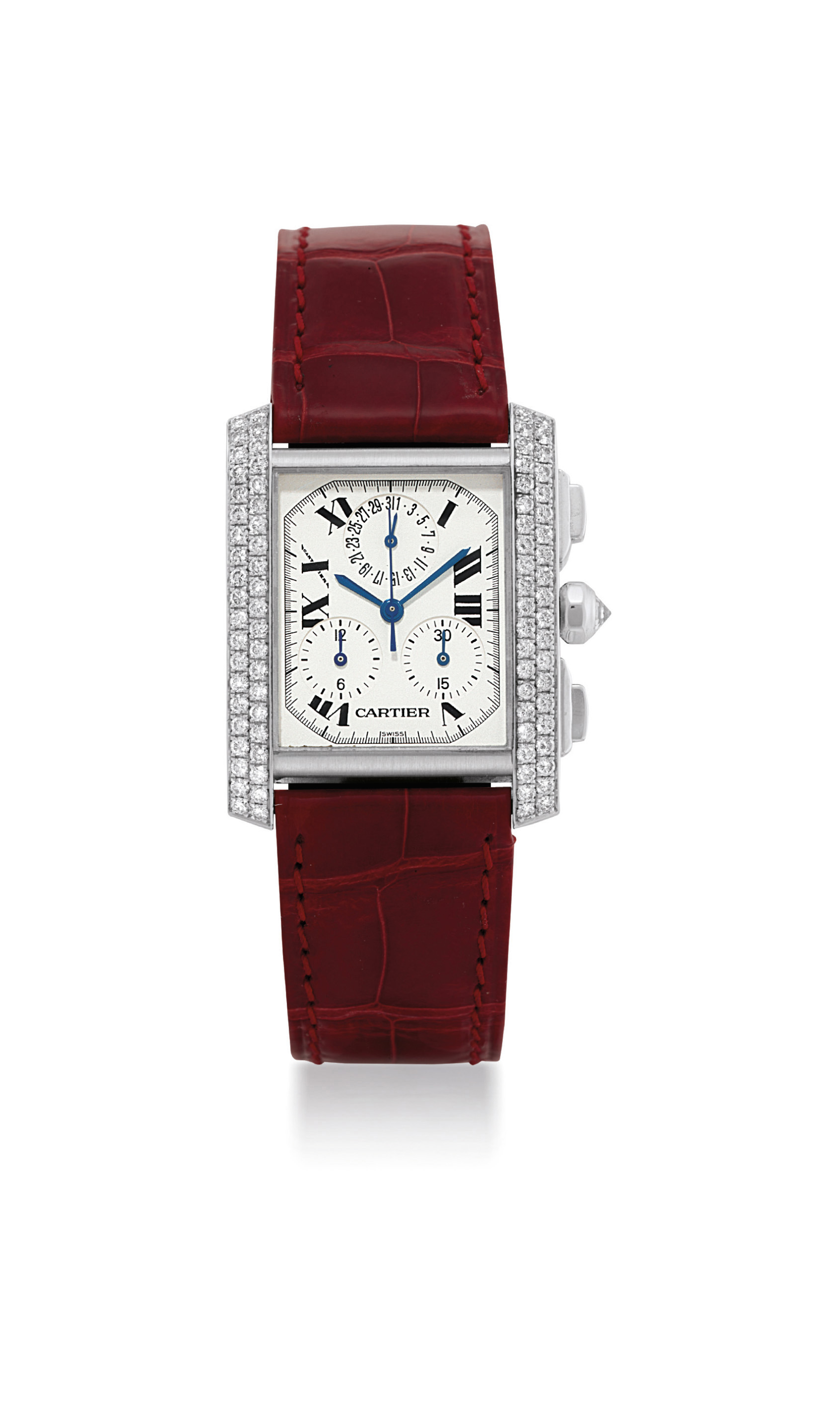 CARTIER. AN 18K WHITE GOLD AND DIAMOND-SET RECTANGULAR CHRONOGRAPH ...