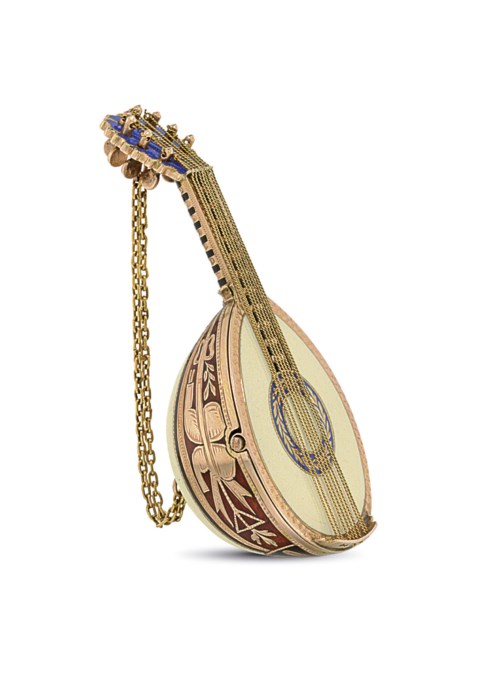 SWISS. A PINK GOLD AND ENAMEL MANDOLIN FORM KEYWOUND VERGE WATCH WITH ...