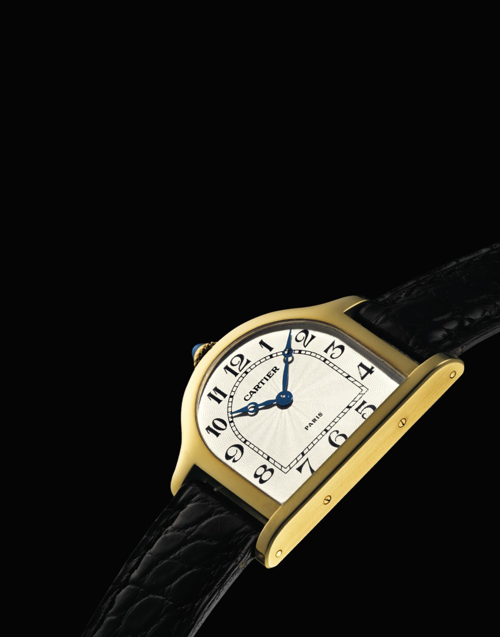 CARTIER. A LIMITED EDITION 18K GOLD BELL-SHAPED WRISTWATCH, SIGNED ...