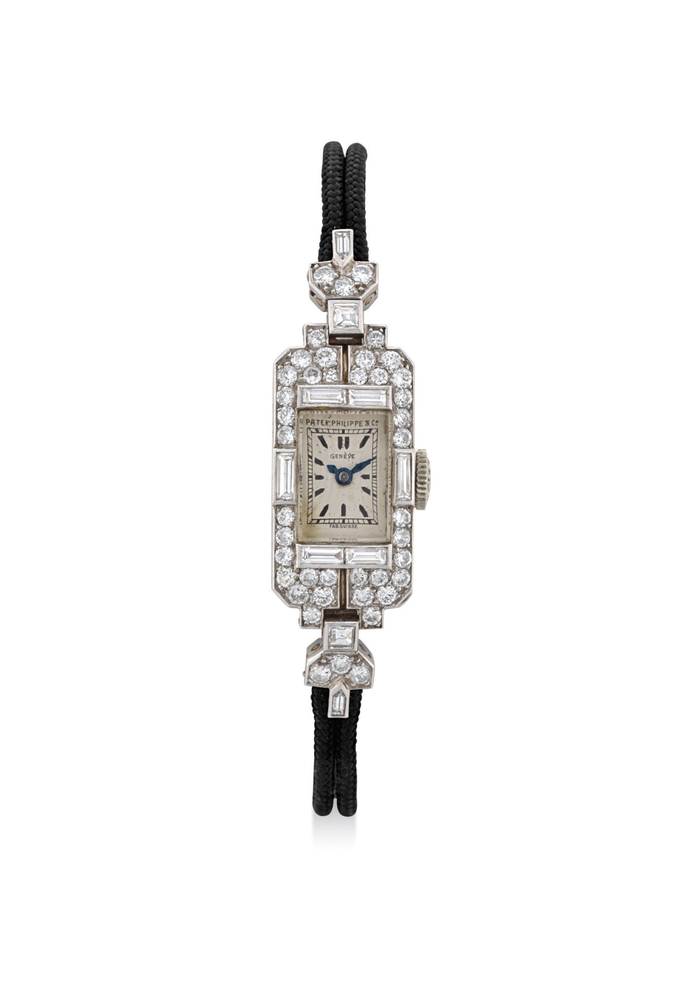 PATEK PHILIPPE. A LADY'S PLATINUM AND DIAMOND-SET RECTANGULAR ...