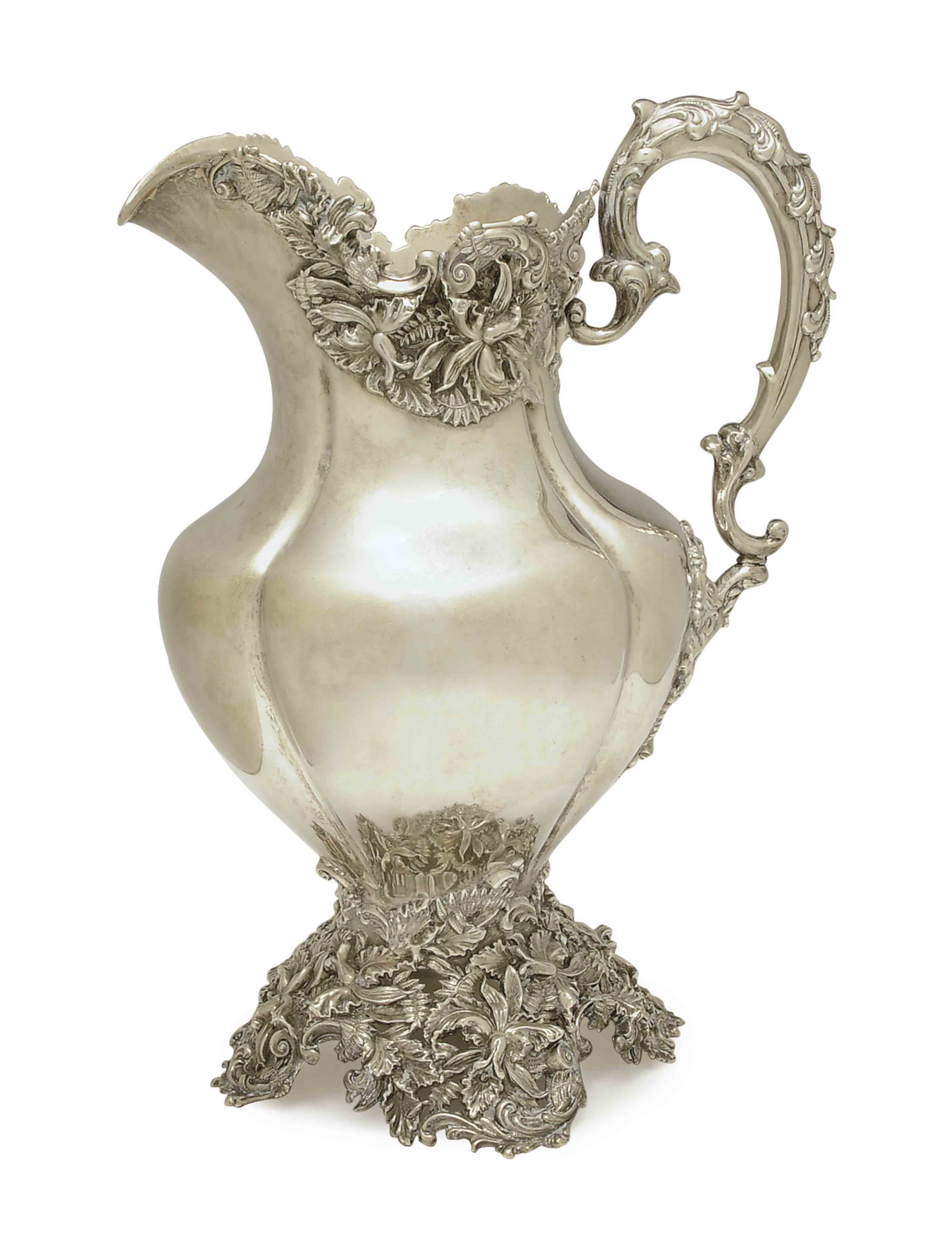 AN AMERICAN SILVER FOOTED WATER PITCHER,