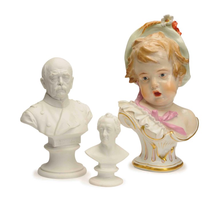 THREE GERMAN PORCELAIN PORTRAIT BUSTS, , ALL MEISSEN WITH BLUE AND ...