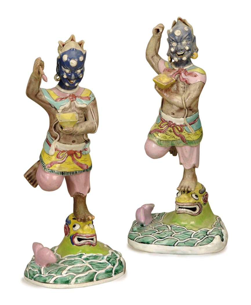 A PAIR OF CHINESE EXPORT DEMONS ON STANDS, , EARLY 19TH CENTURY ...