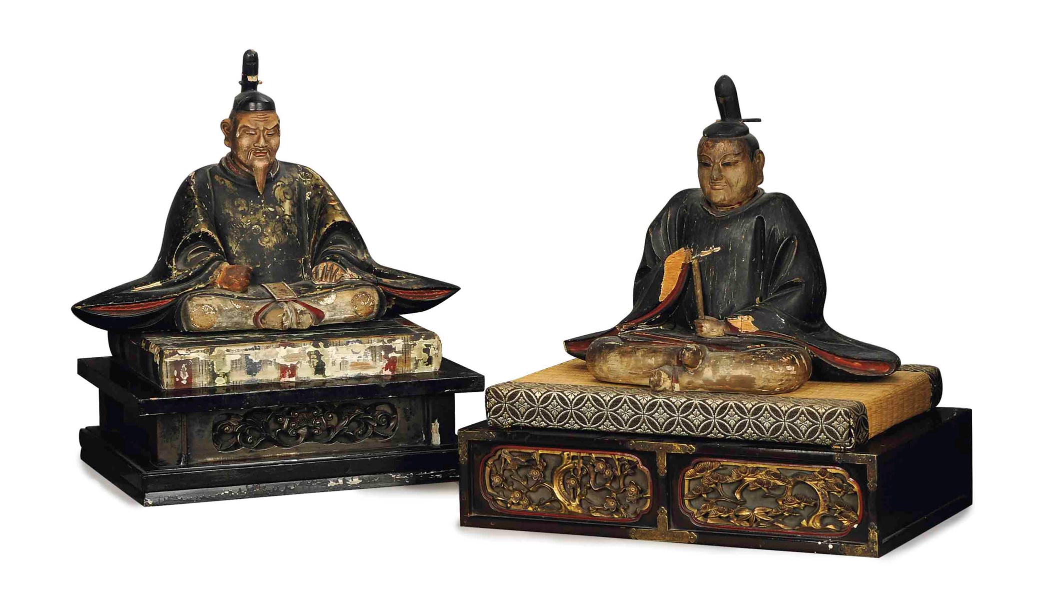 TWO JAPANESE PAINTED WOOD FIGURES OF SEATED SAMURAI AND WOOD BASES ...