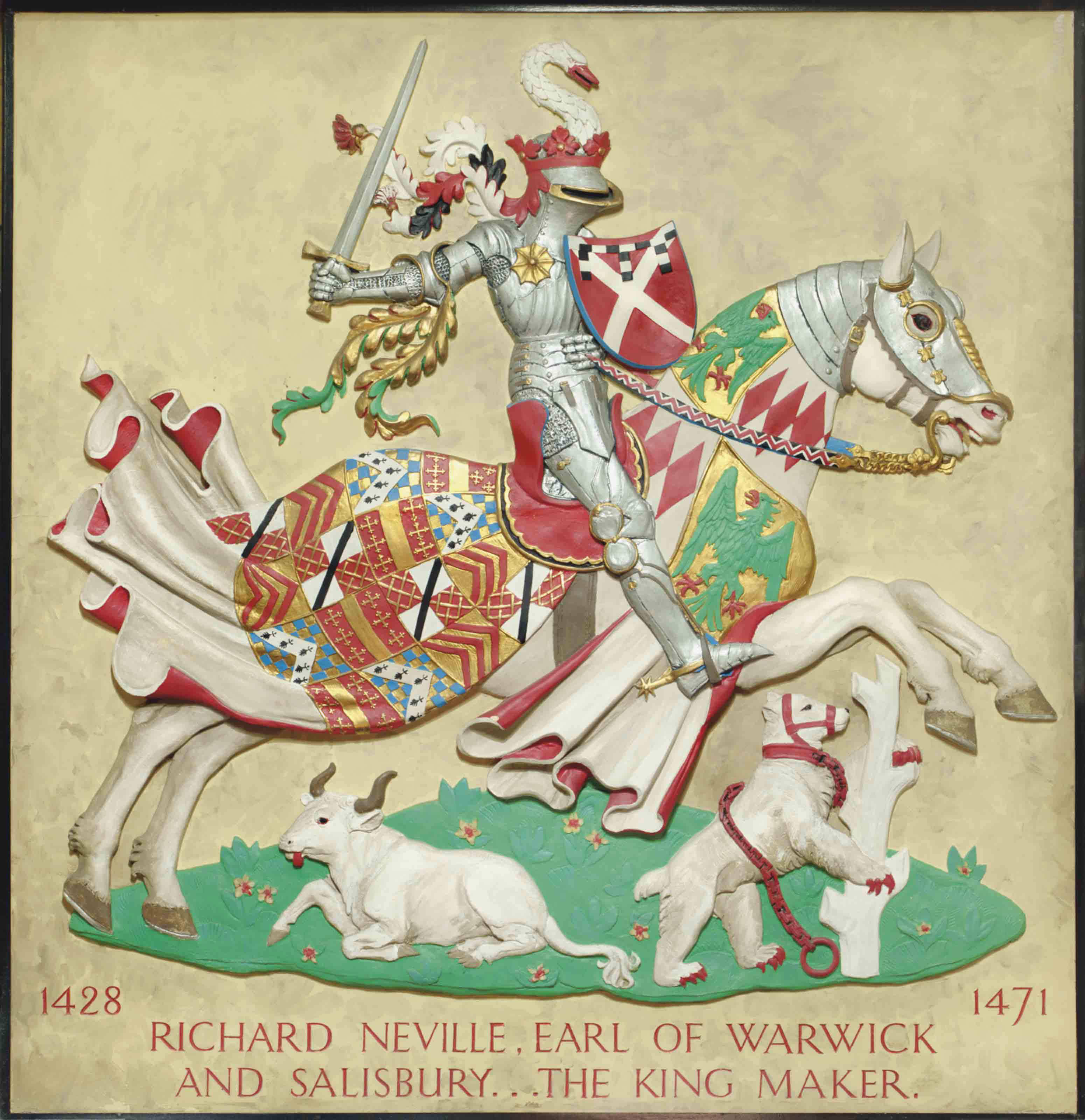 A MASSIVE POLYCHROME DECORATED AND PARCEL-GILT PLASTER HERALDIC PANEL ...