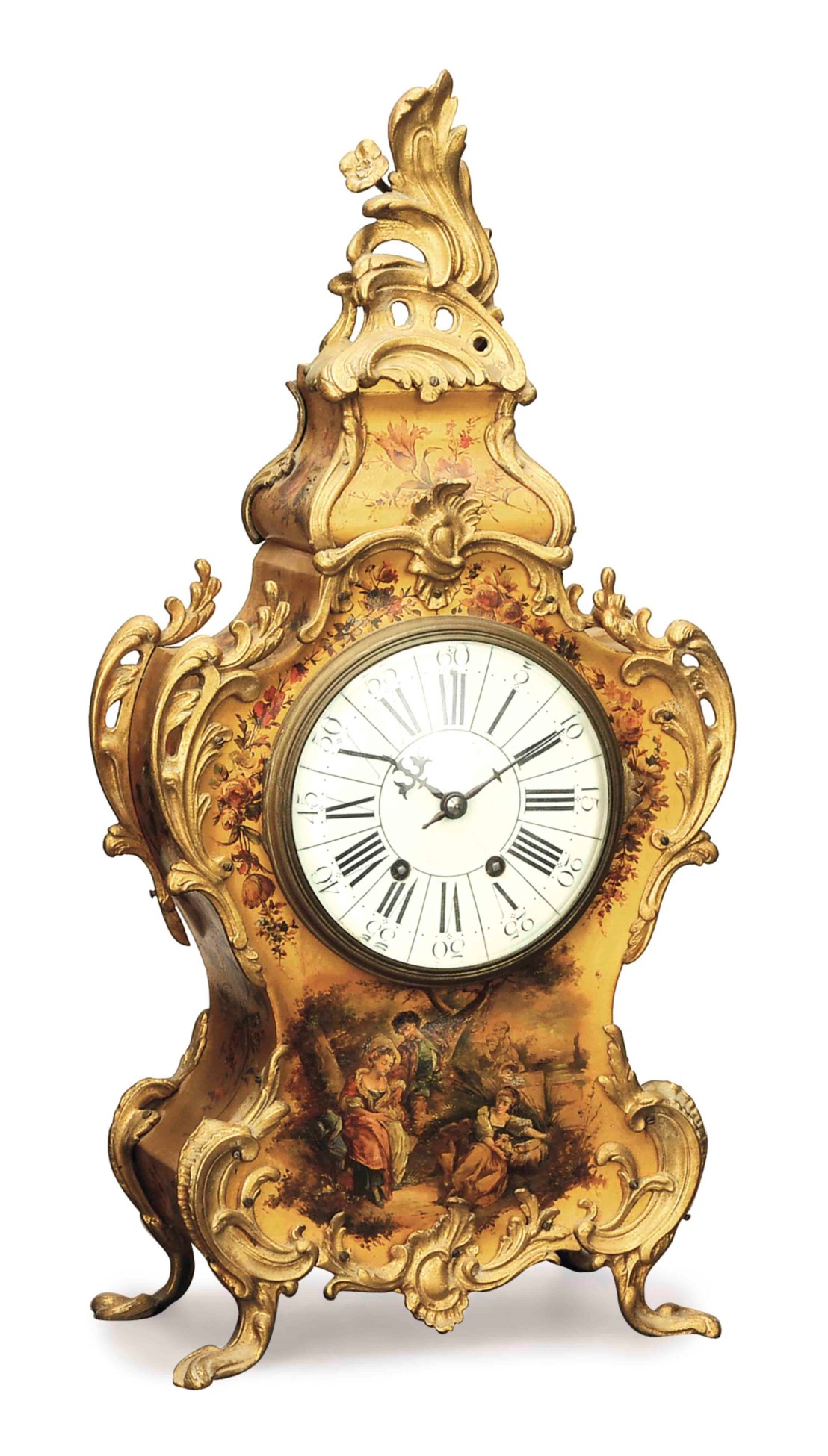 A FRENCH 'VERNIS MARTIN' DECORATED AND GILT-METAL MOUNTED MANTEL CLOCK,