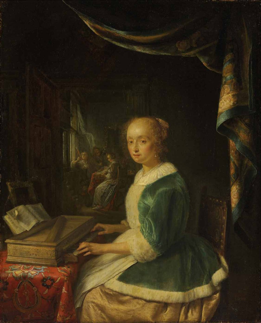 Gerrit Dou (Leiden 1613-1675) , A young lady playing a clavichord ...