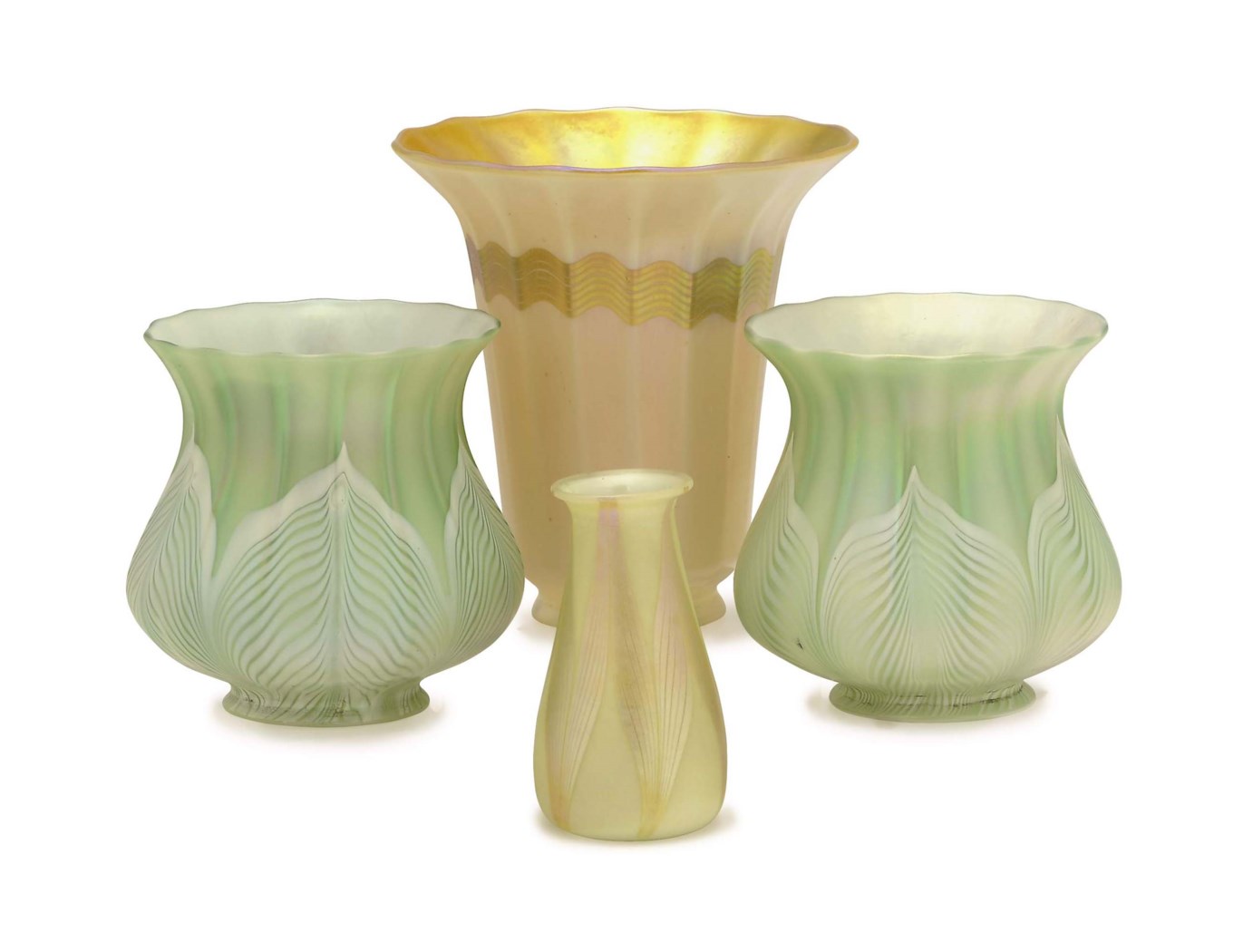 THREE AMERICAN IRIDESCENT FEATHERED GLASS SHADES, AND ANOTHER SIMILAR ...