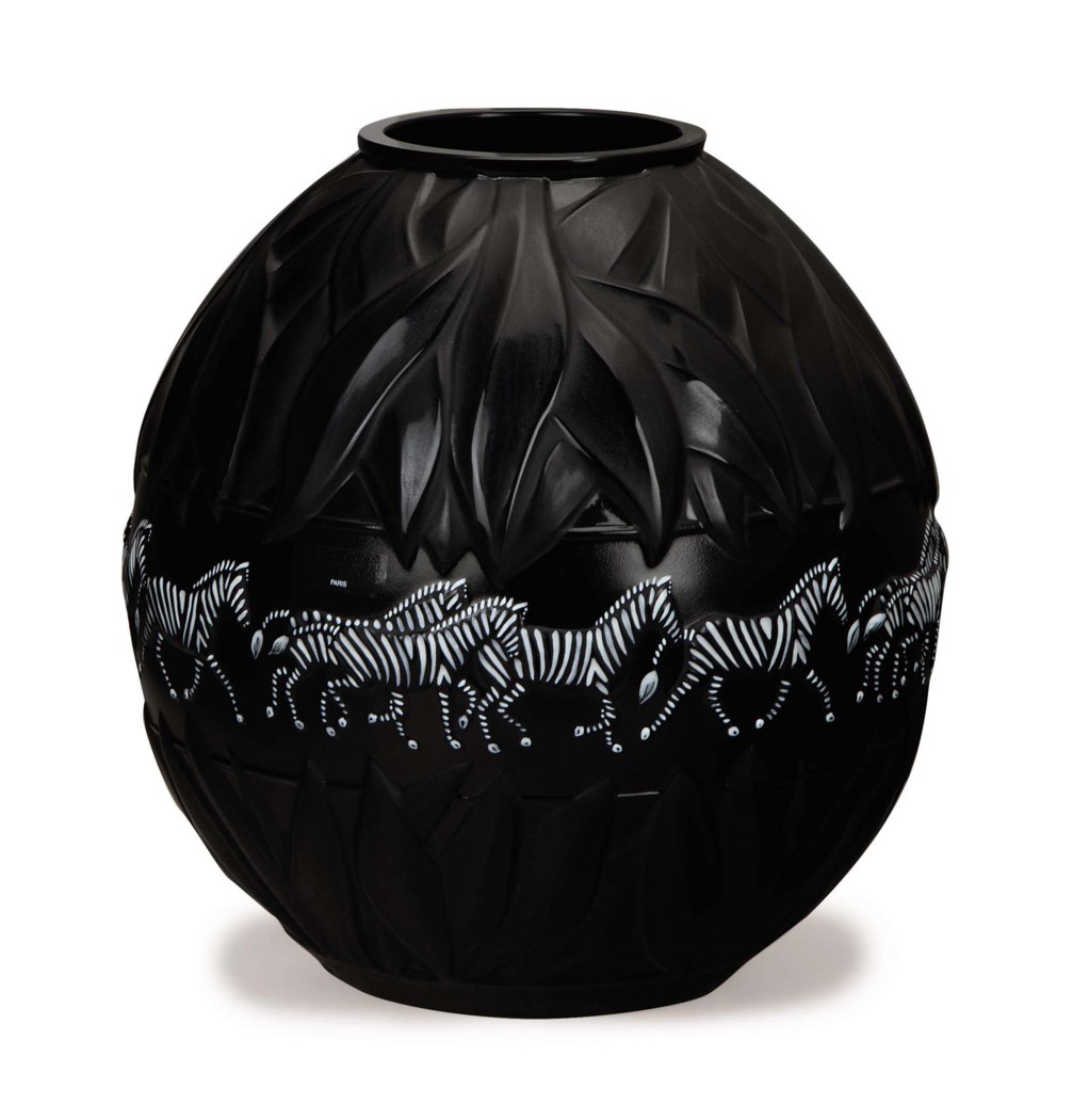 A FRENCH BLACK GLASS 'TANZANIA' VASE, , SIGNED IN ETCH 'LALIQUE, FRANCE ...