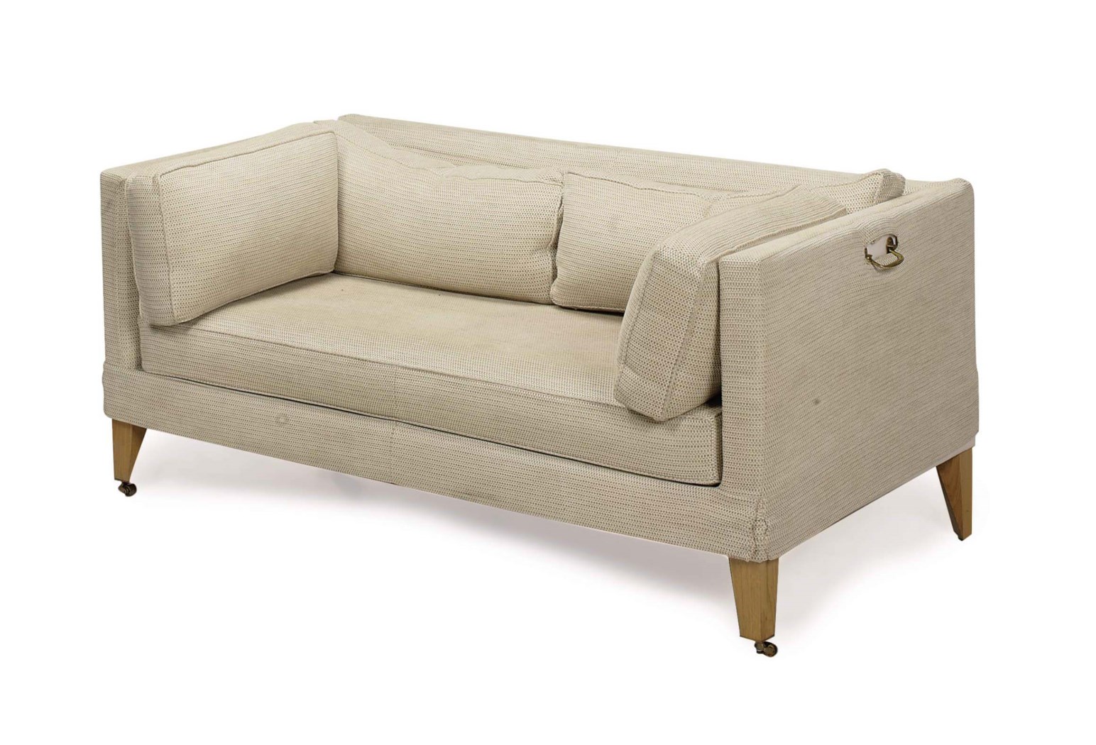 AN OAK AND BEIGE PLUSH-UPHOLSTERED SETTEE, , BY ANDRE PUTNAM, LATE 20TH ...