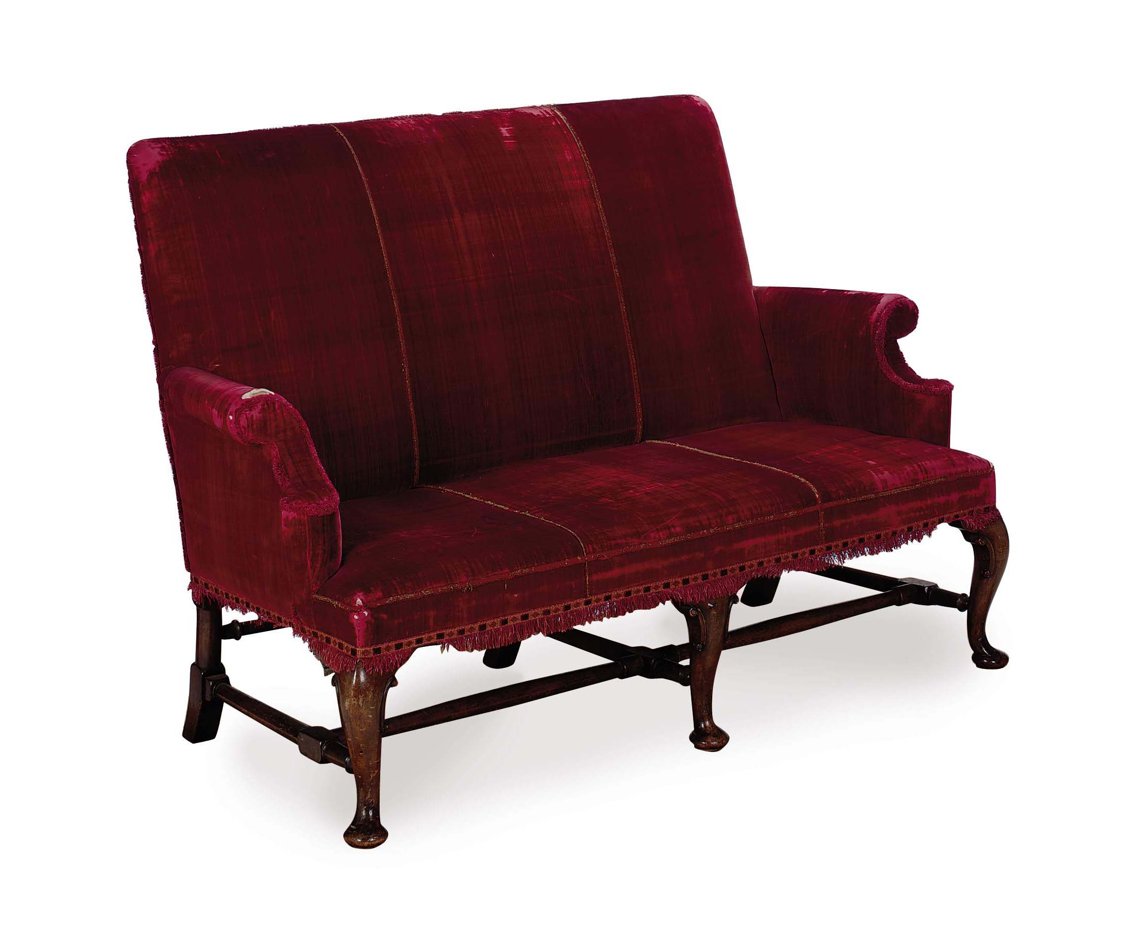 AN ENGLISH RED-VELVET AND WALNUT SETTEE,