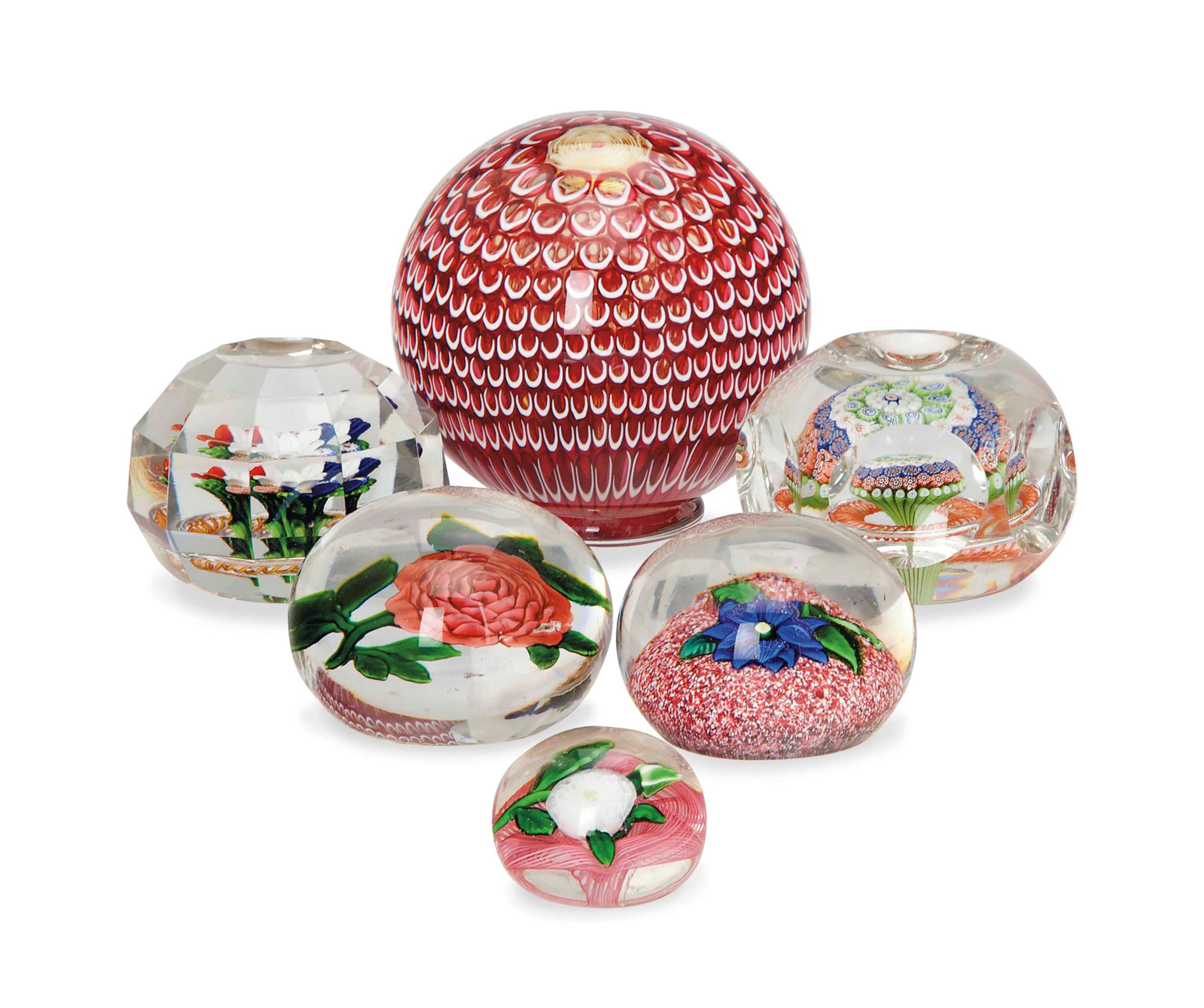 SIX FRENCH INTERNALLY DECORATED GLASS PAPERWEIGHTS, , THE LARGEST 20TH ...