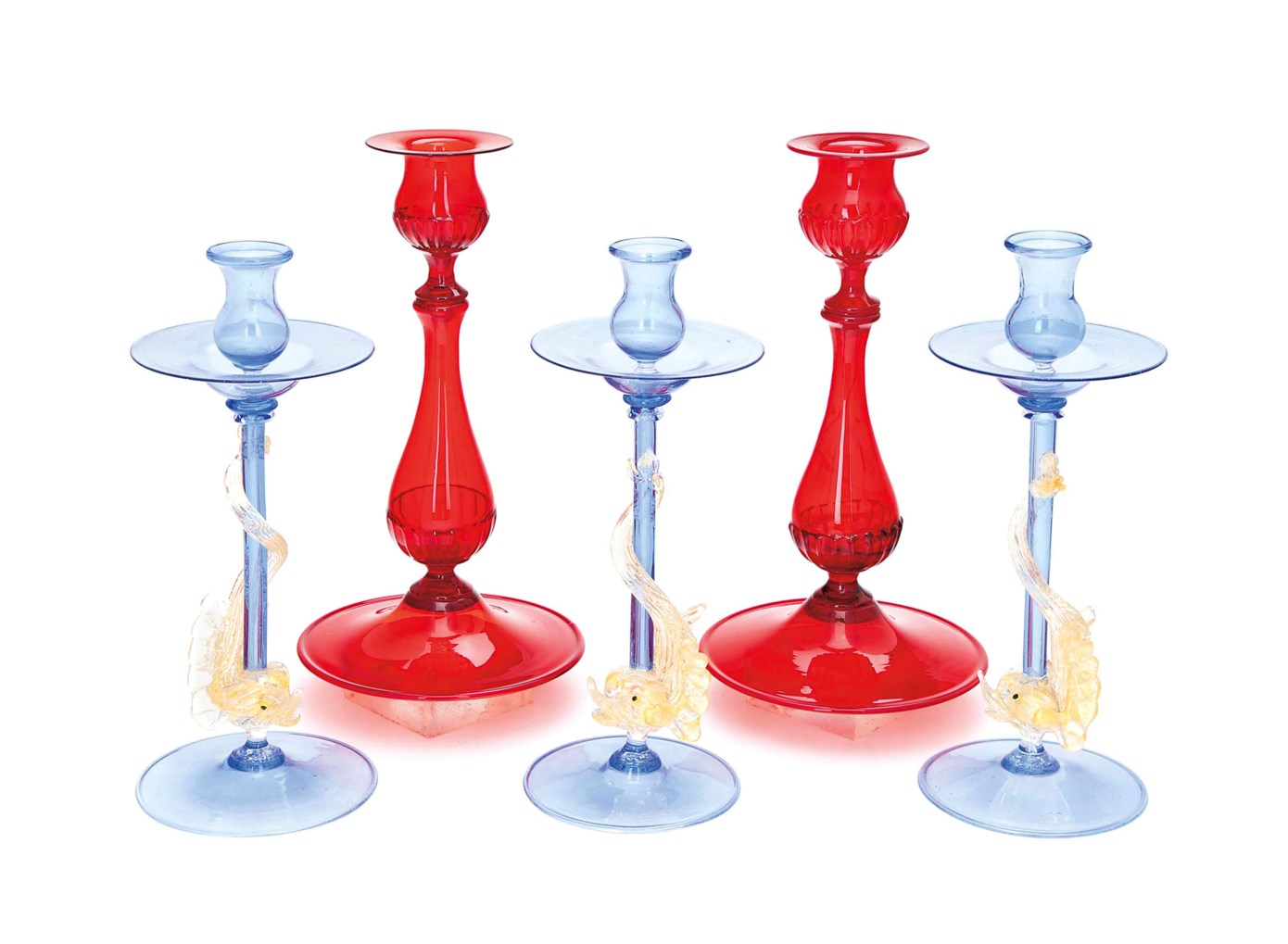 A PAIR OF RED MURANO CANDLESTICKS, AND THREE VENETIAN CANDLESTICKS WITH ...