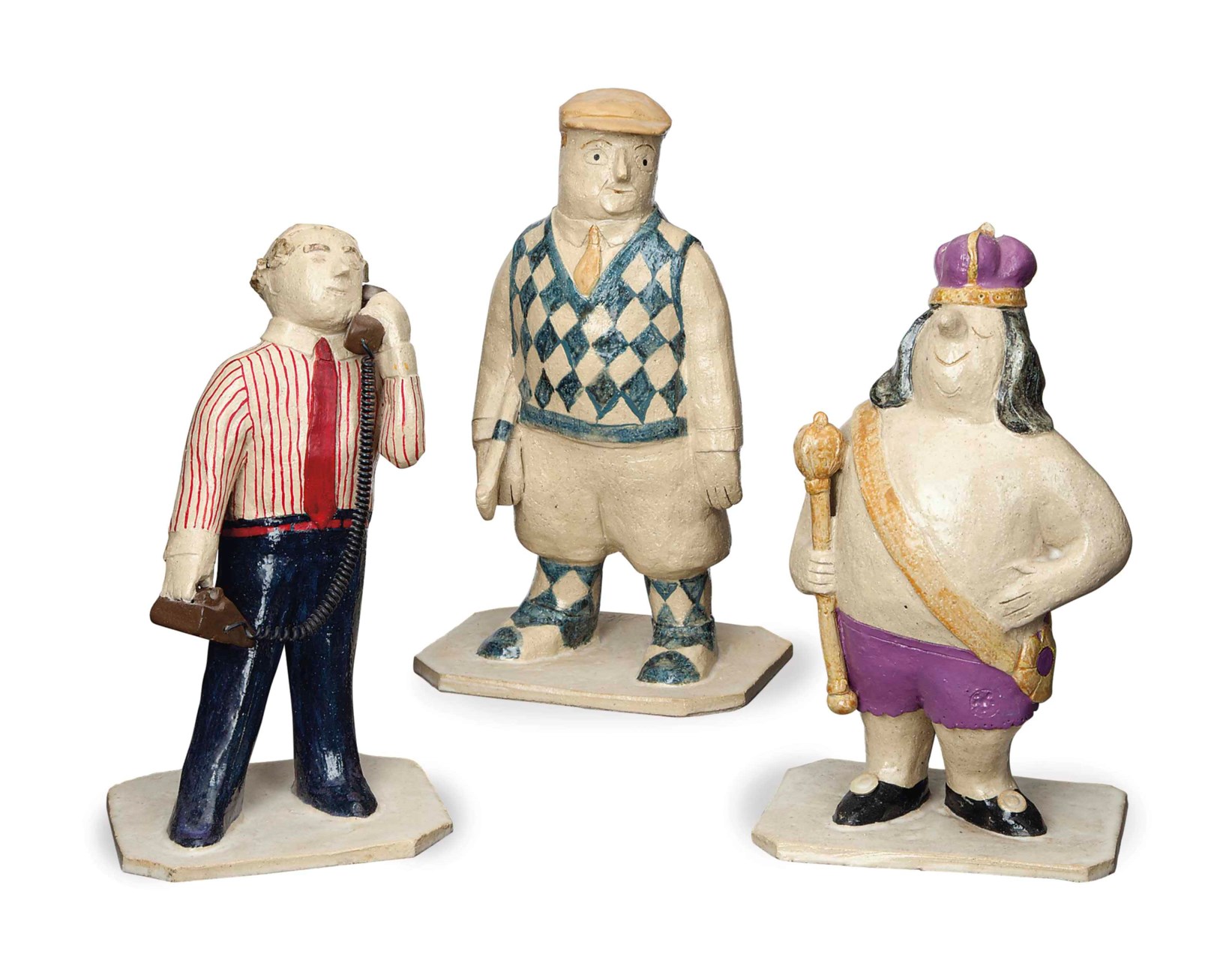 FIVE AMERICAN POTTERY FIGURES OF MEN IN VARIOUS PURSUITS, , INCISED ...