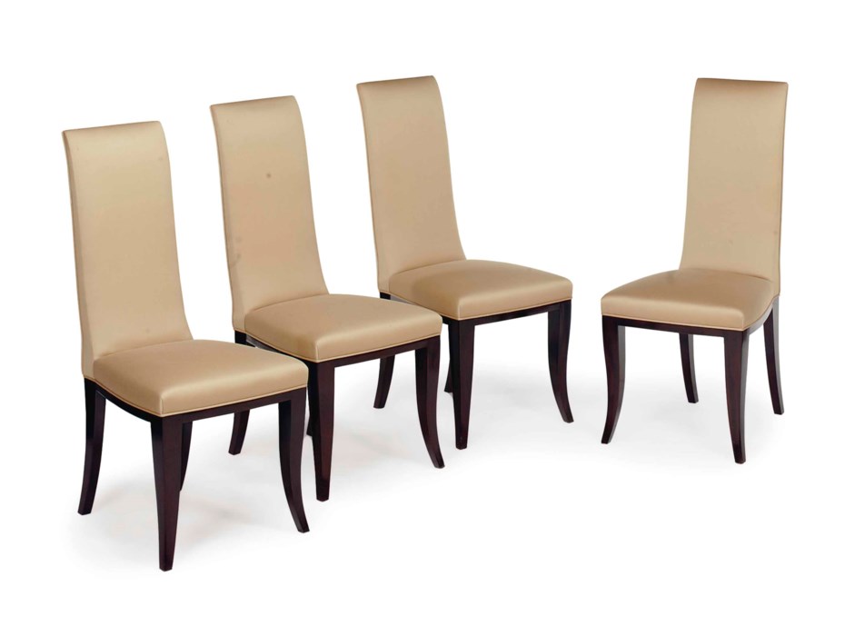 A SET OF TWELVE MAHOGANY AND BEIGE PLUSH-COVERED DINING CHAIRS ...