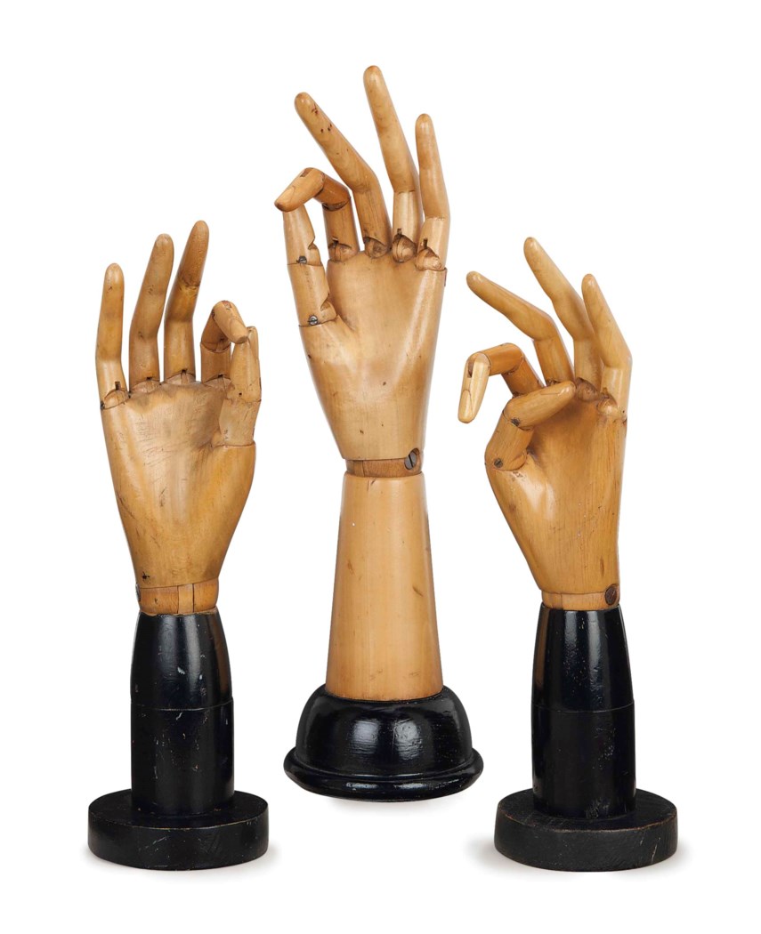 A GROUP OF THREE ARTICULATED HAND-FORM ARTIST MODELS, , LATE 19TH/20TH ...