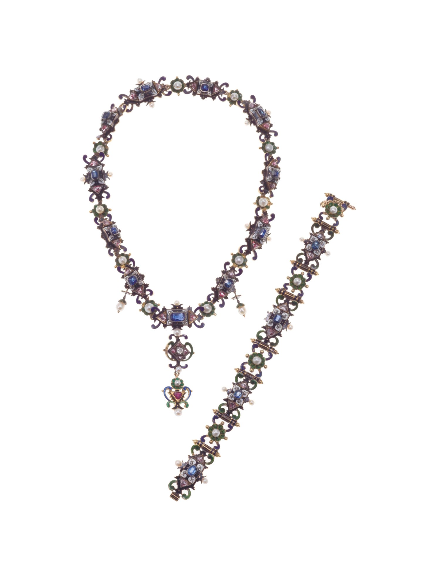 A SET OF ANTIQUE RENAISSANCE REVIVAL DIAMOND AND MULTI-GEM JEWELRY ...