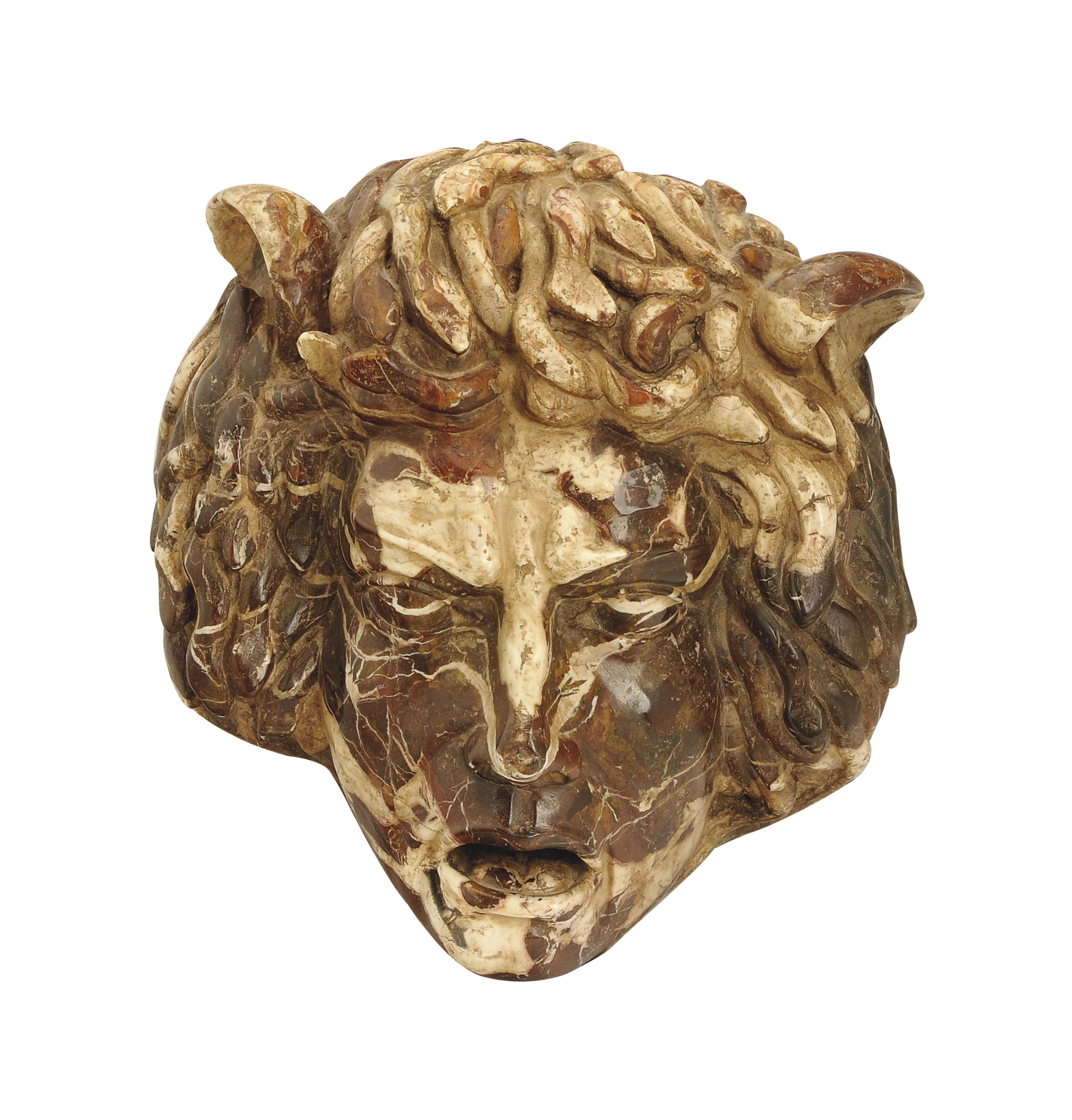AN ITALIAN CARVED MARBLE GARGOYLE MASK,