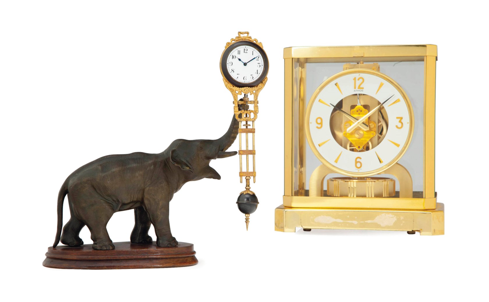 A SWISS ATMOS GILT-METAL BRACKET CLOCK AND A GERMAN PATINATED AND GILT ...