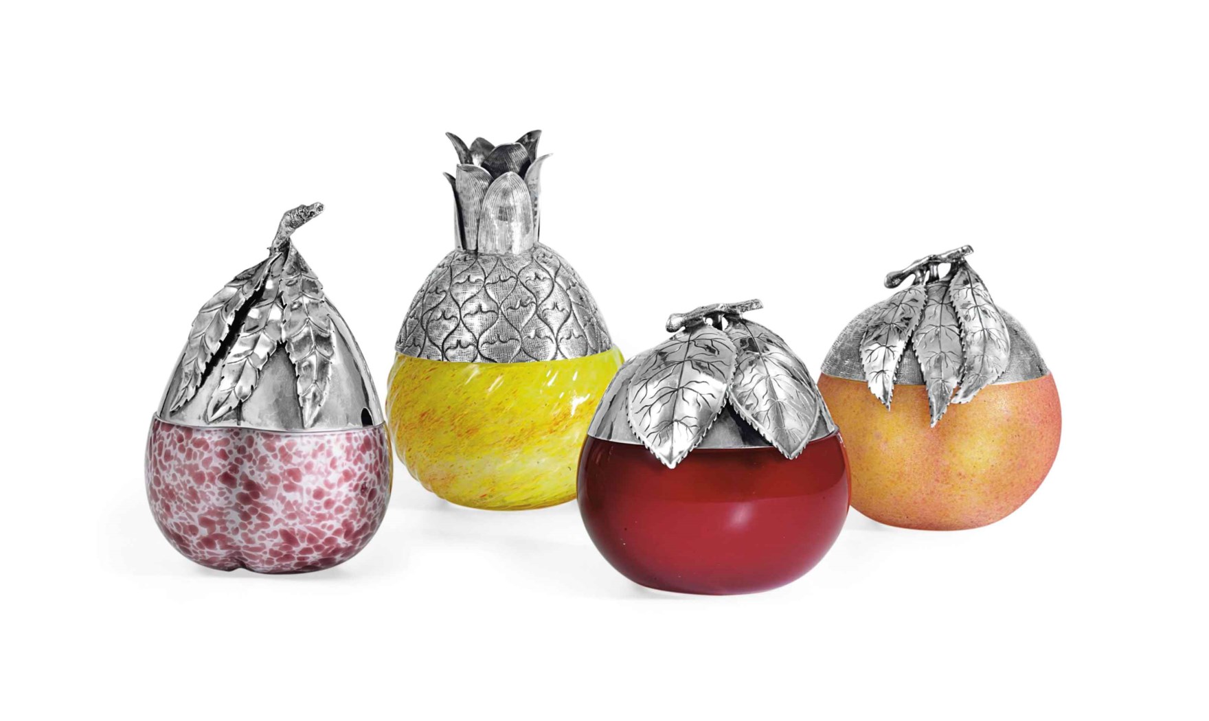 A SET OF FOUR ITALIAN GLASS AND SILVER JAM JARS , MARK OF BUCCELLATI ...