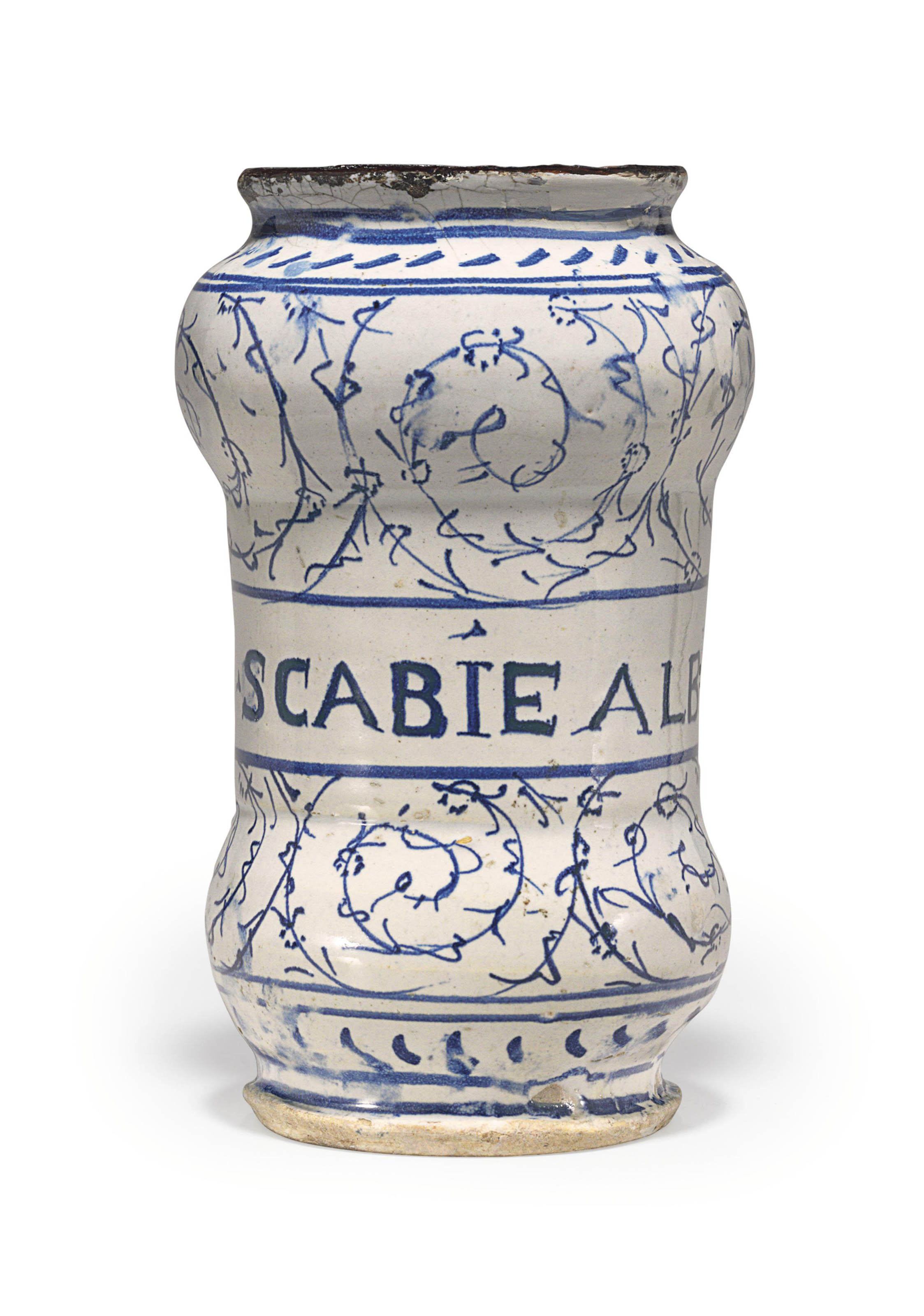 AN ITALIAN MAIOLICA BLUE AND WHITE ALBARELLO