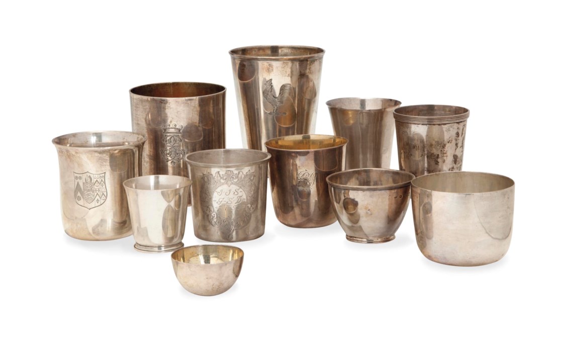 A GROUP OF TWELVE SILVER DRINKING CUPS, , EIGHT CUPS ENGLISH, 19TH-20TH ...
