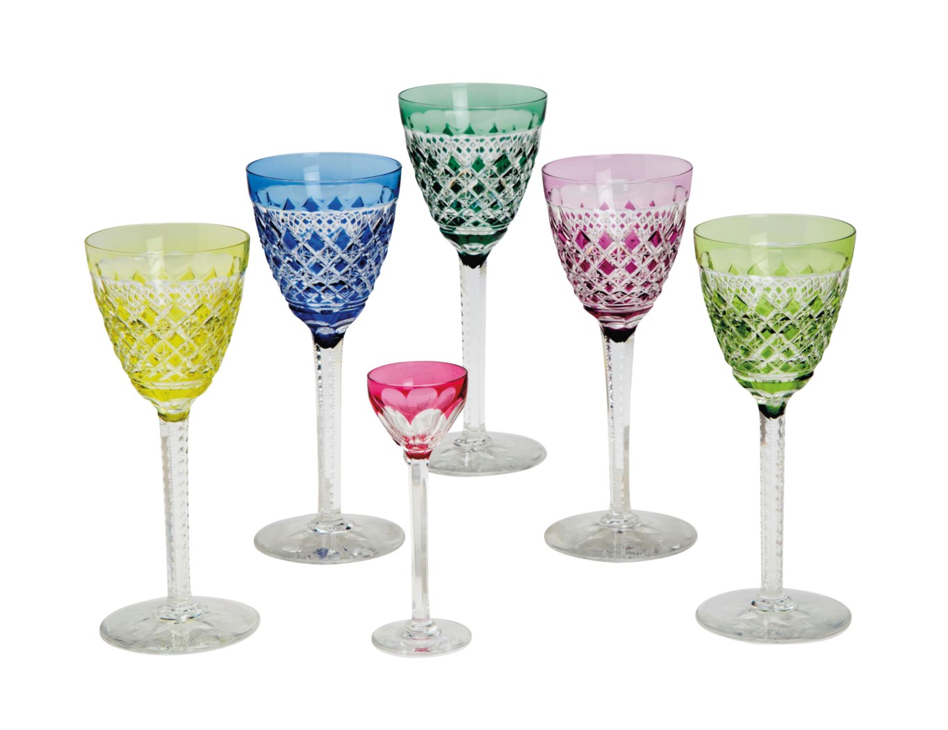 A SET OF NINE COLORED CUT GLASS WINE GLASSES, AND THREE CORDIALS ...
