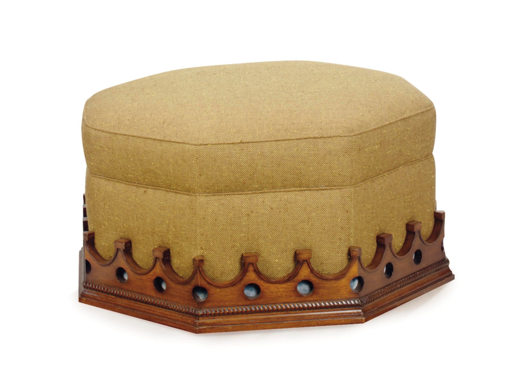 A WALNUT AND GREEN TWILL-COVERED OCTAGONAL OTTOMAN,