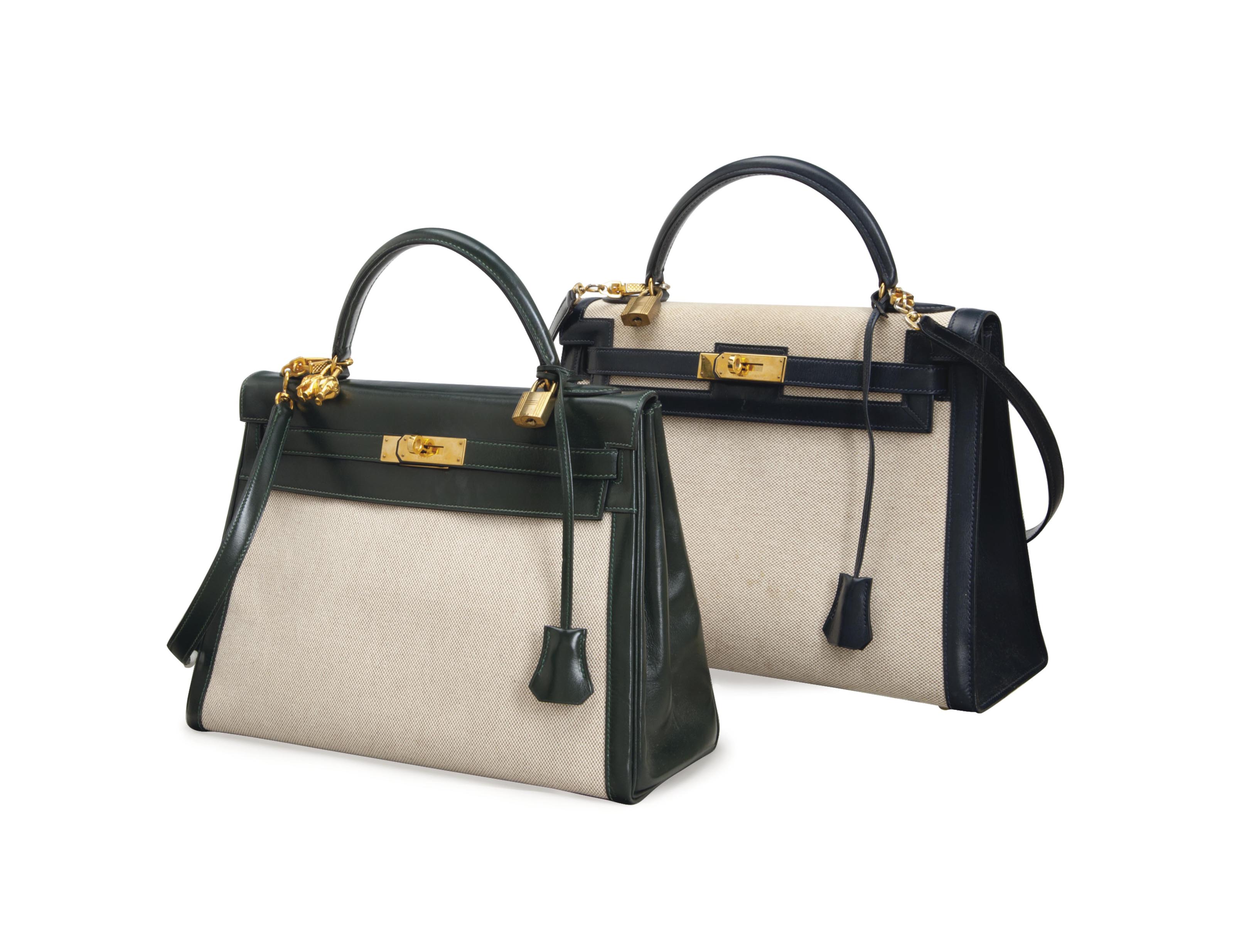 TWO LEATHER-TRIMMED CANVAS 'KELLY' BAGS,