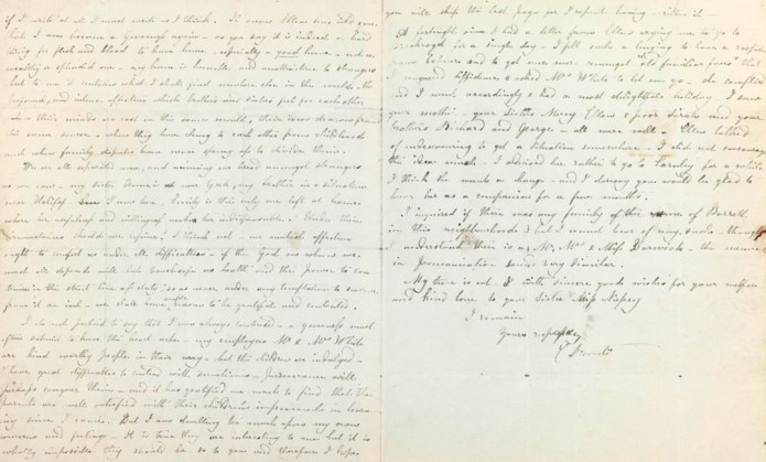 BRONTË, Charlotte. Autograph letter signed ("C., Bronte") to the ...
