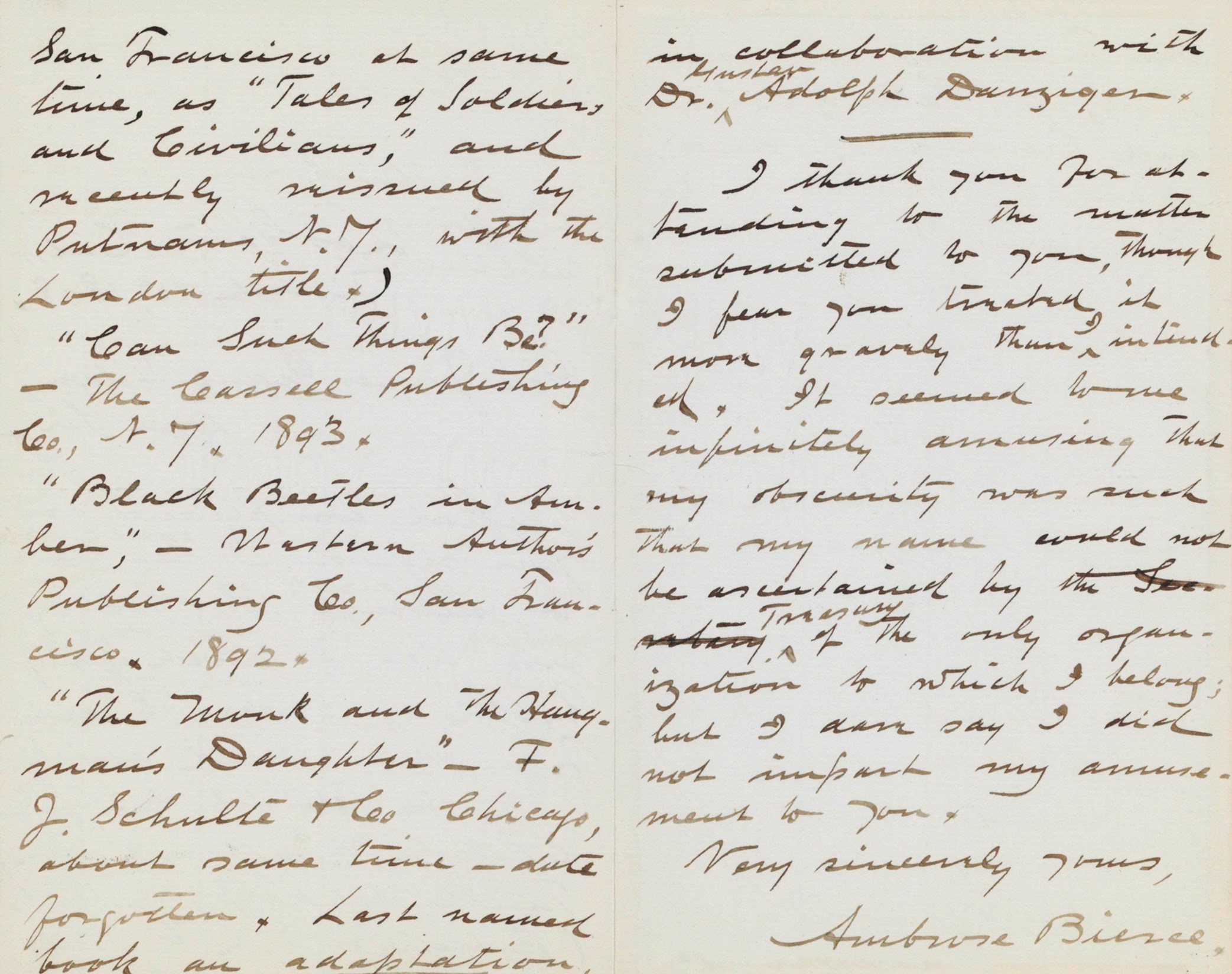 BIERCE, Ambrose (1842-1913). Autograph letter signed ("Ambrose Bierce ...