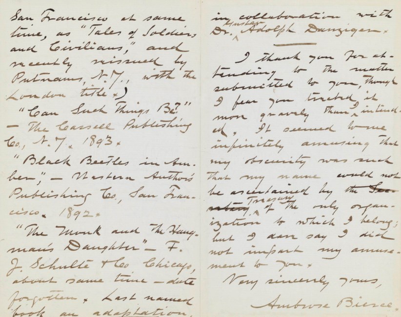 BIERCE, Ambrose (1842-1913). Autograph letter signed ("Ambrose Bierce ...