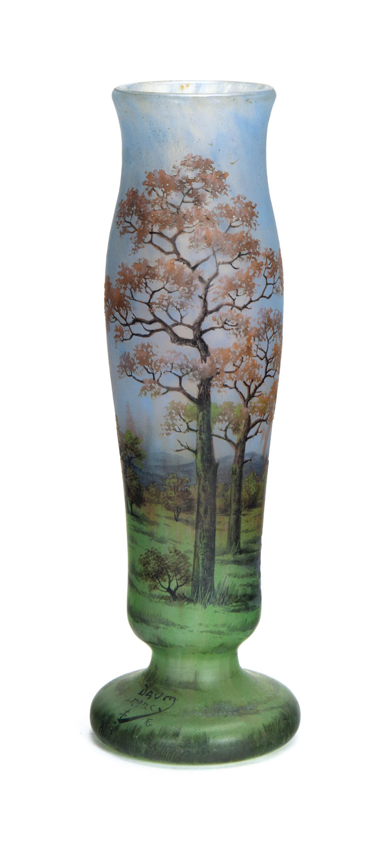 A FRENCH ENAMELED GLASS LANDSCAPE VASE,