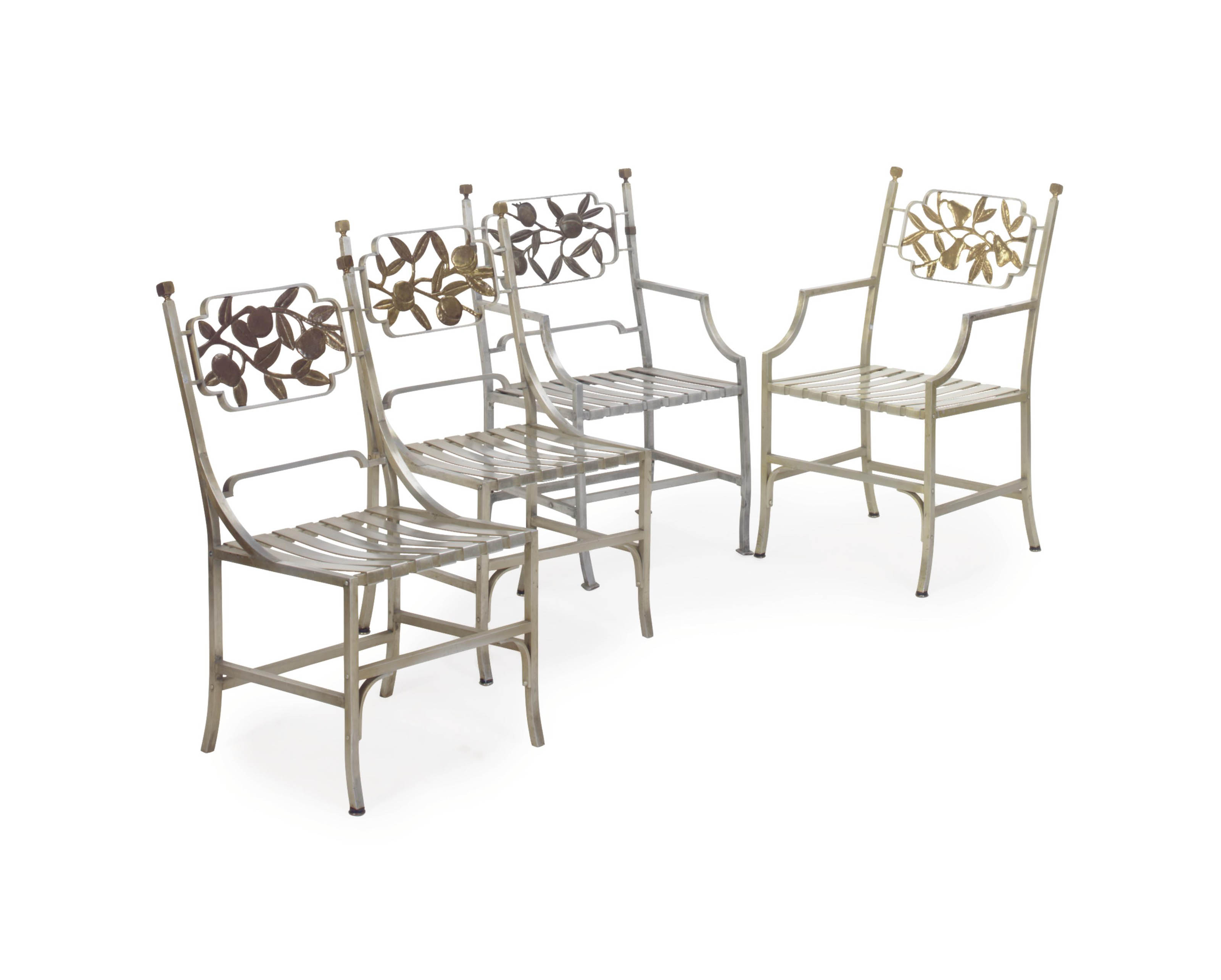 AN AMERICAN ASSEMBLED SET OF SEVEN ALUMINUM AND GILT-COPPER DINING CHAIRS,