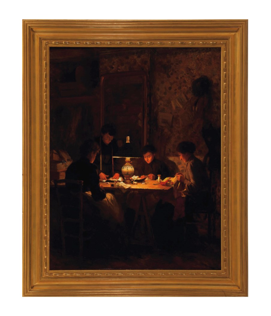 Emile Georges Weiss (FRENCH 1861-1921) , Women sewing by lamplight ...