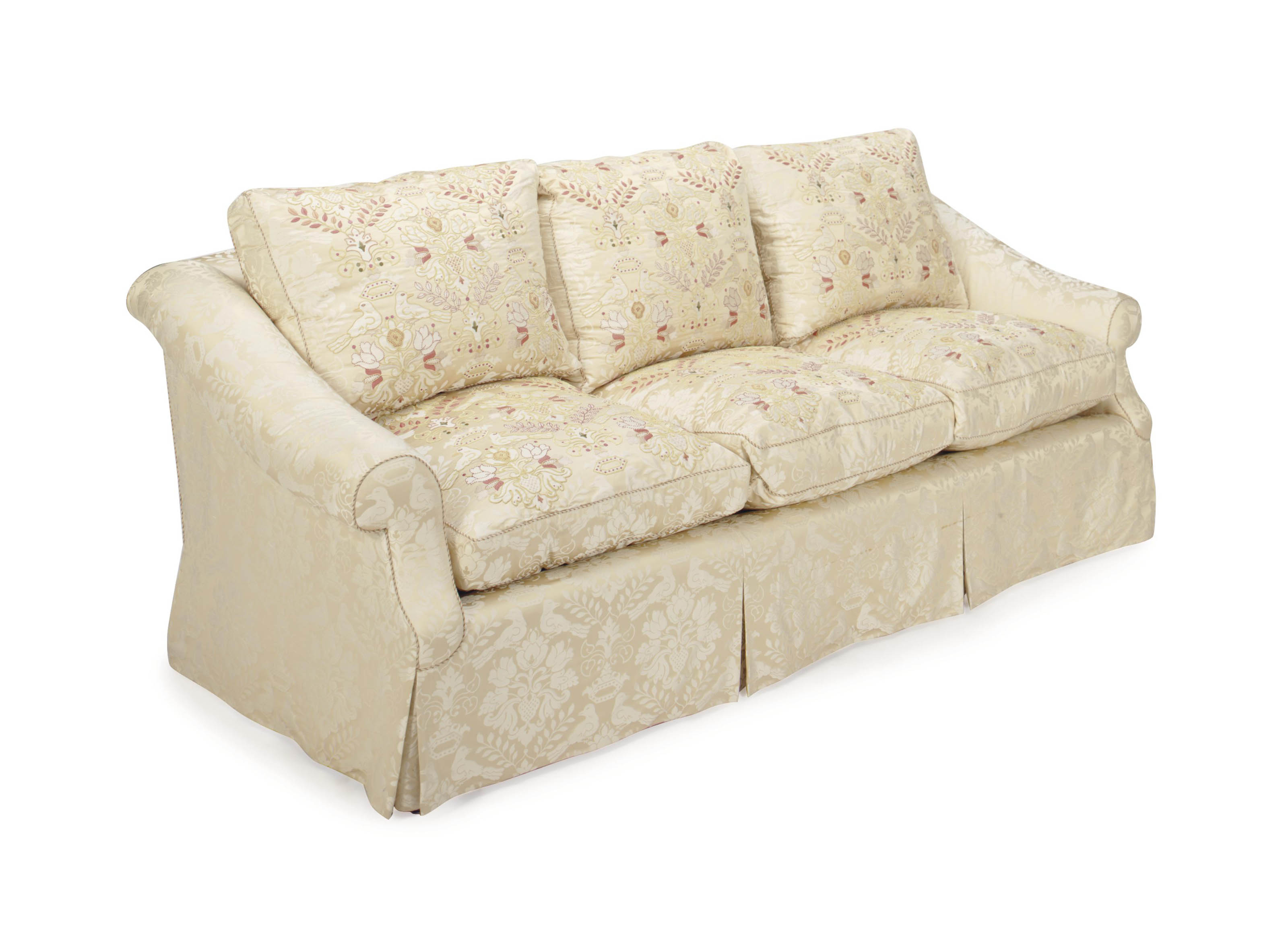 AN EMBROIDERED CREAM SILK DAMASK-UPHOLSTERED THREE-SEAT SOFA, , LATE ...