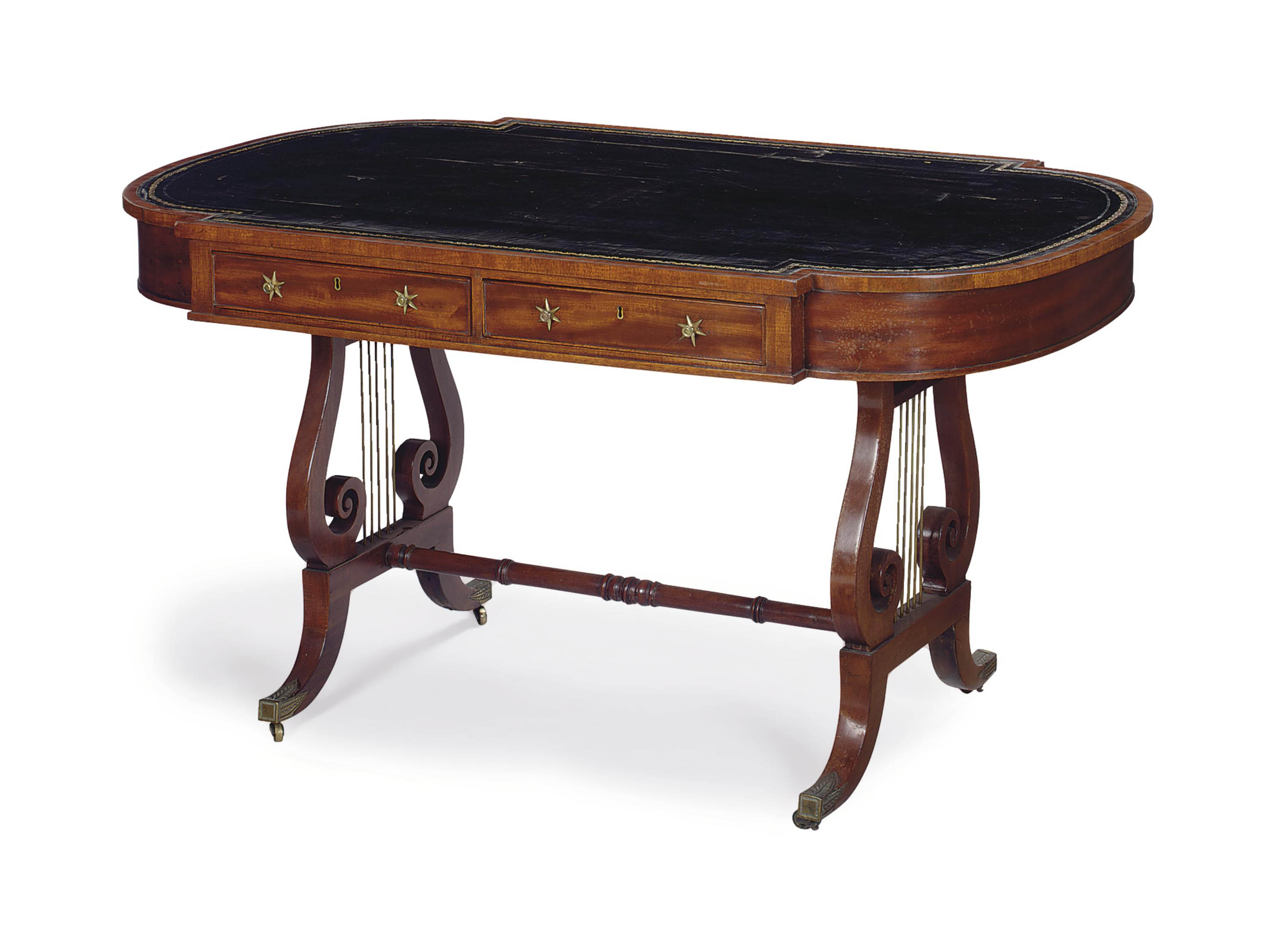 A REGENCY MAHOGANY LYRE-BASE LIBRARY TABLE,