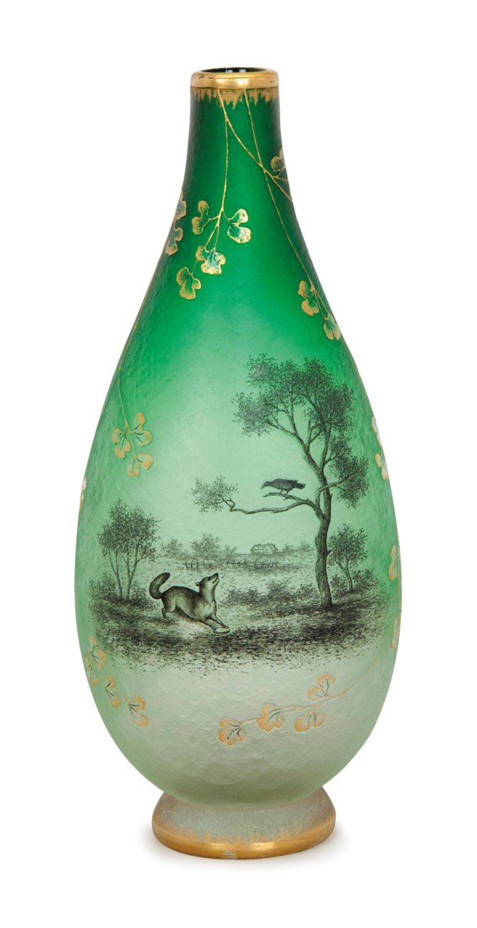 A FRENCH ENAMELED AND GILT DECORATED GLASS LANDSCAPE VASE, , SIGNED IN ...