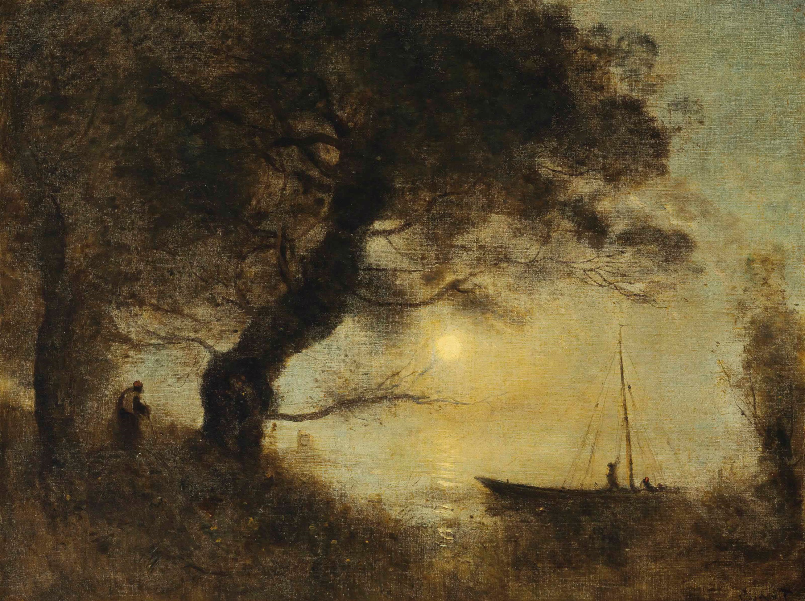 Jean-Baptiste-Camille Corot (French, 1796-1875) , Le bateau au claire ...