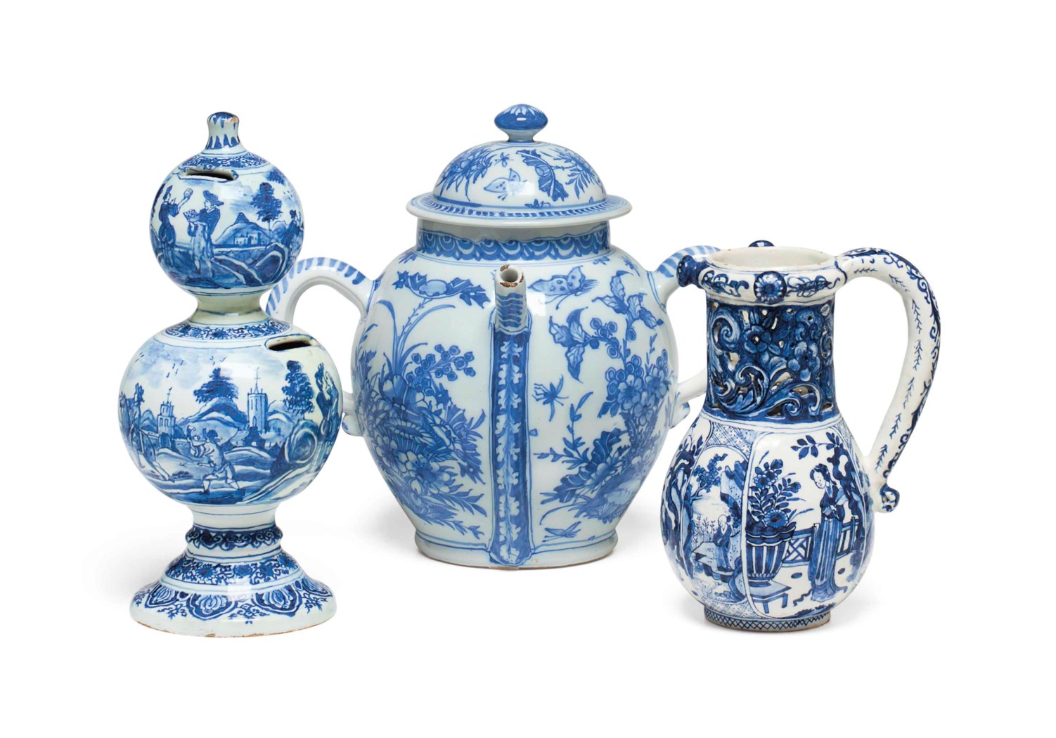 A DUTCH DELFT LARGE POSSET-POT AND COVER, PUZZLE-JUG AND DOUBLE-GOURD ...
