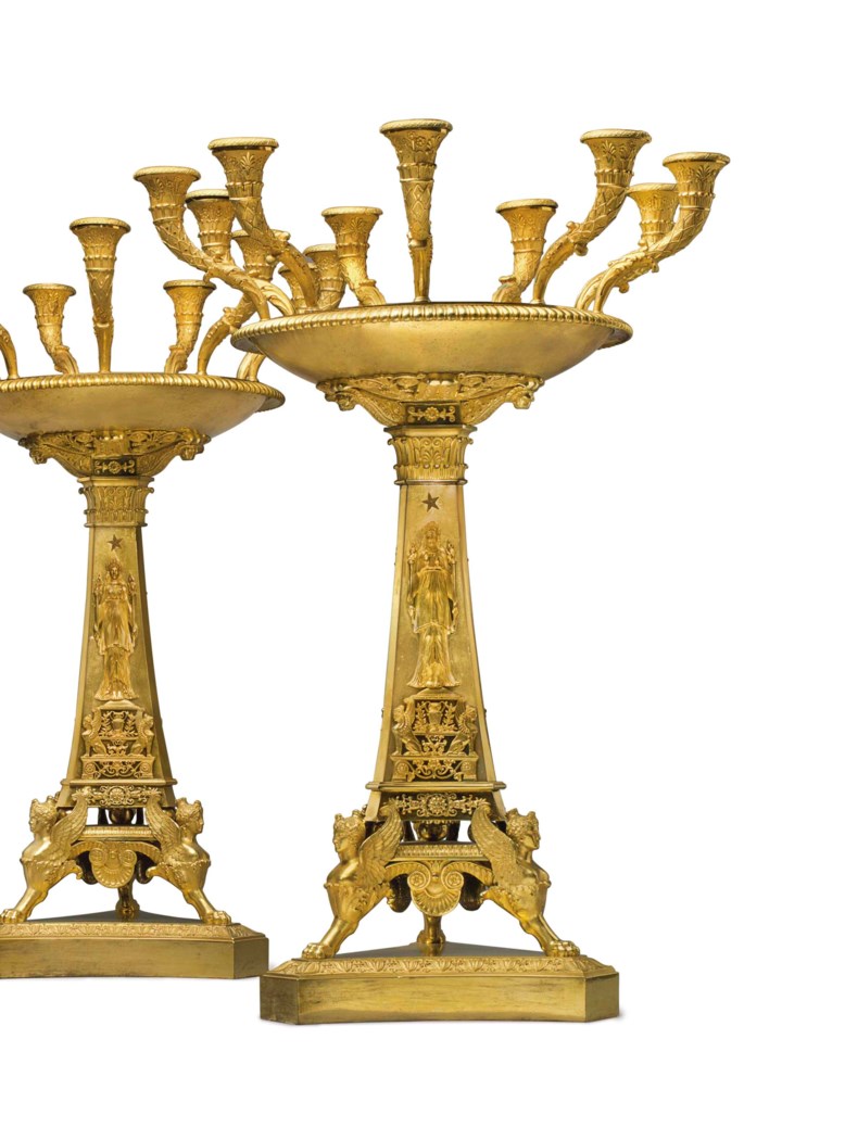 A PAIR OF EMPIRE ORMOLU NINE-LIGHT CANDELABRA , ATTRIBUTED TO PIERRE ...