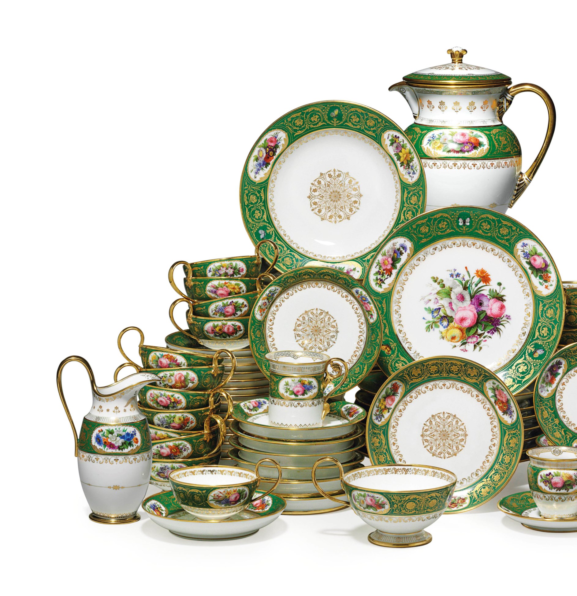 A SEVRES (LOUIS PHILIPPE) PORCELAIN EMERALD-GREEN GROUND PART SERVICE ...