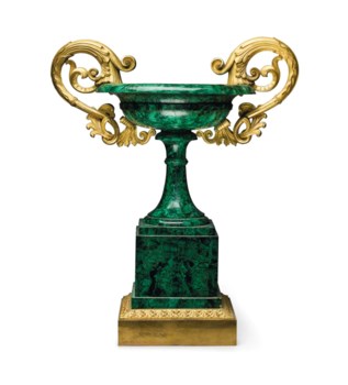 A RUSSIAN ORMOLU-MOUNTED MALACHITE TAZZA , BY G. MULLER, ST. PETERSBURG ...