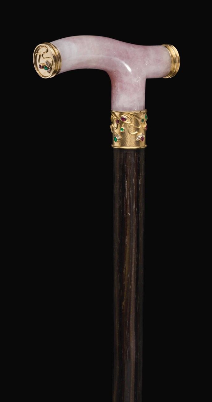 A CONTINENTAL ROSE QUARTZ, YELLOW GOLD, DIAMOND, RUBY AND EMERALD ...