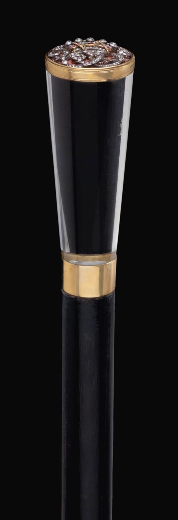 A CONTINENTAL ROCK CRYSTAL DIAMOND MULTI-GEM AND ENAMEL CANE , POSSIBLY ...