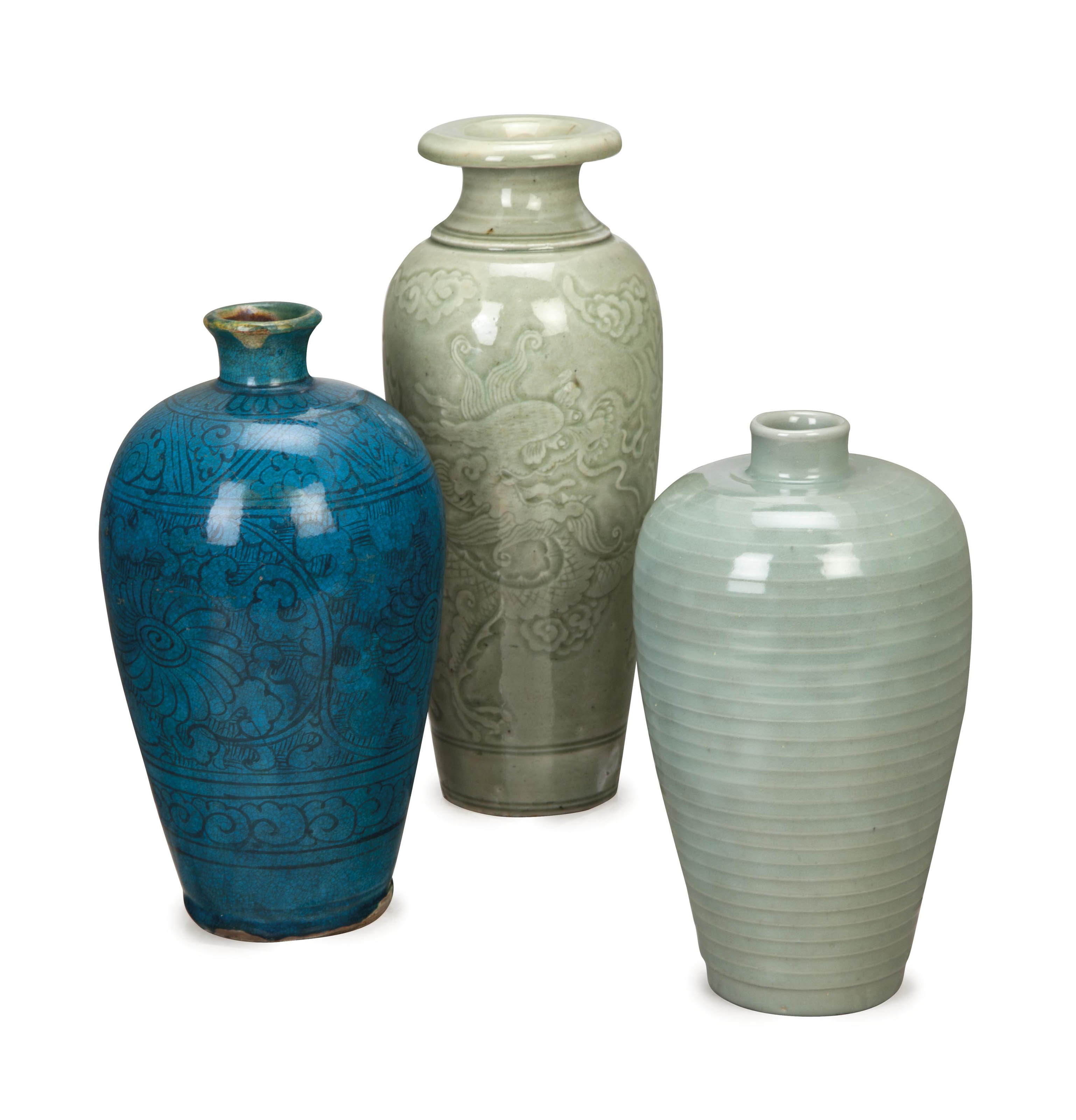 TWO CHINESE CELADON VASES AND ANOTHER CHINESE CIZHOU-TYPE PAINTED VASE ...