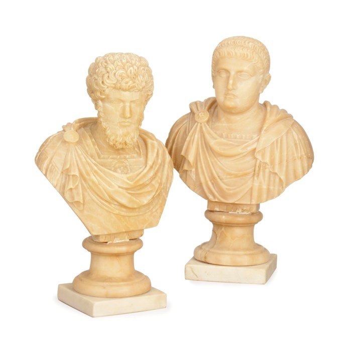 A PAIR OF ITALIAN ALABASTER BUSTS OF ROMAN EMPERORS, , LATE 19TH/EARLY ...